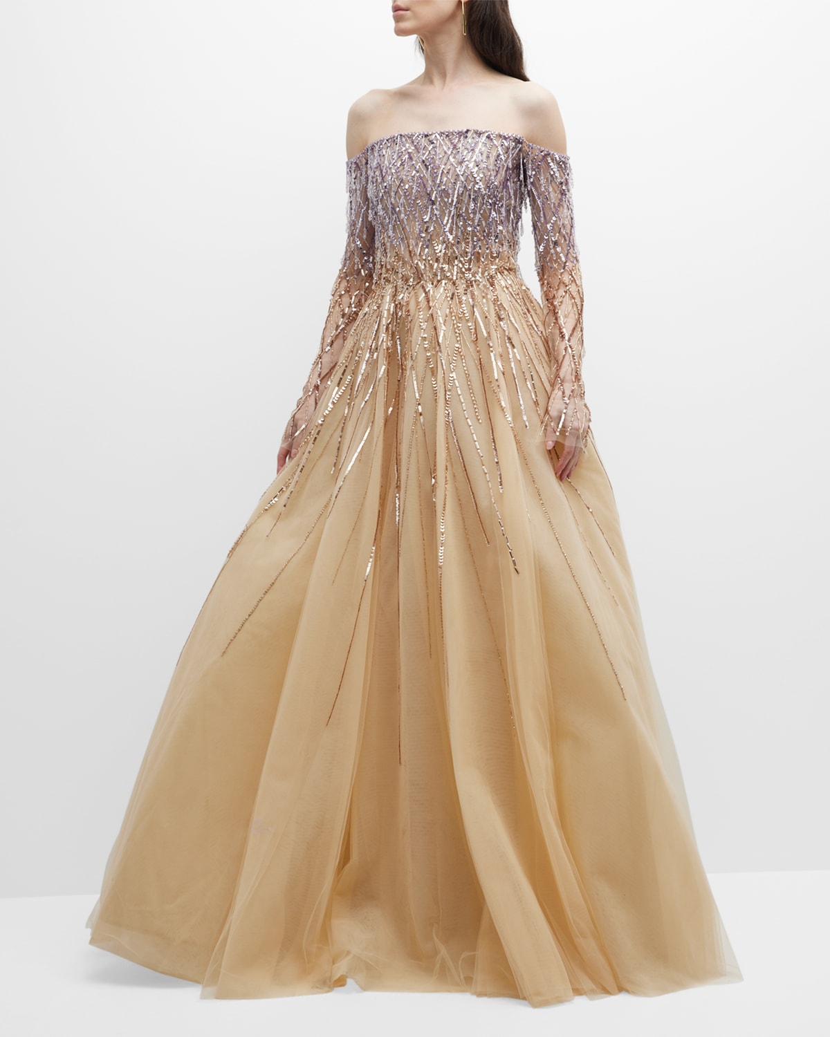 Elie Saab Degrade Sequin Off-The-Shoulder Gown w/ Feather-Trim | Neiman ...