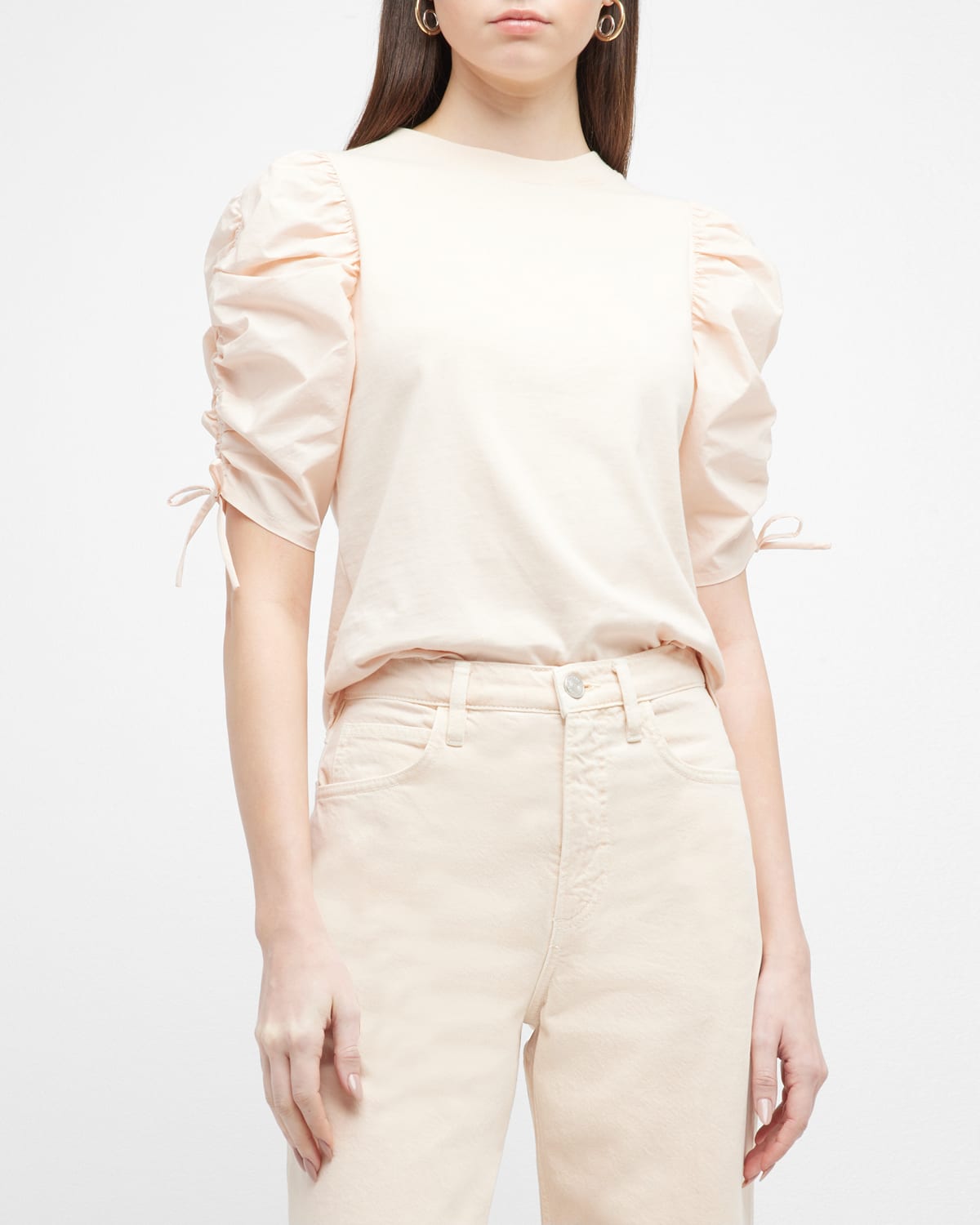 FRAME Pinstripe Ruched Puff-Sleeve Shirt | Neiman Marcus