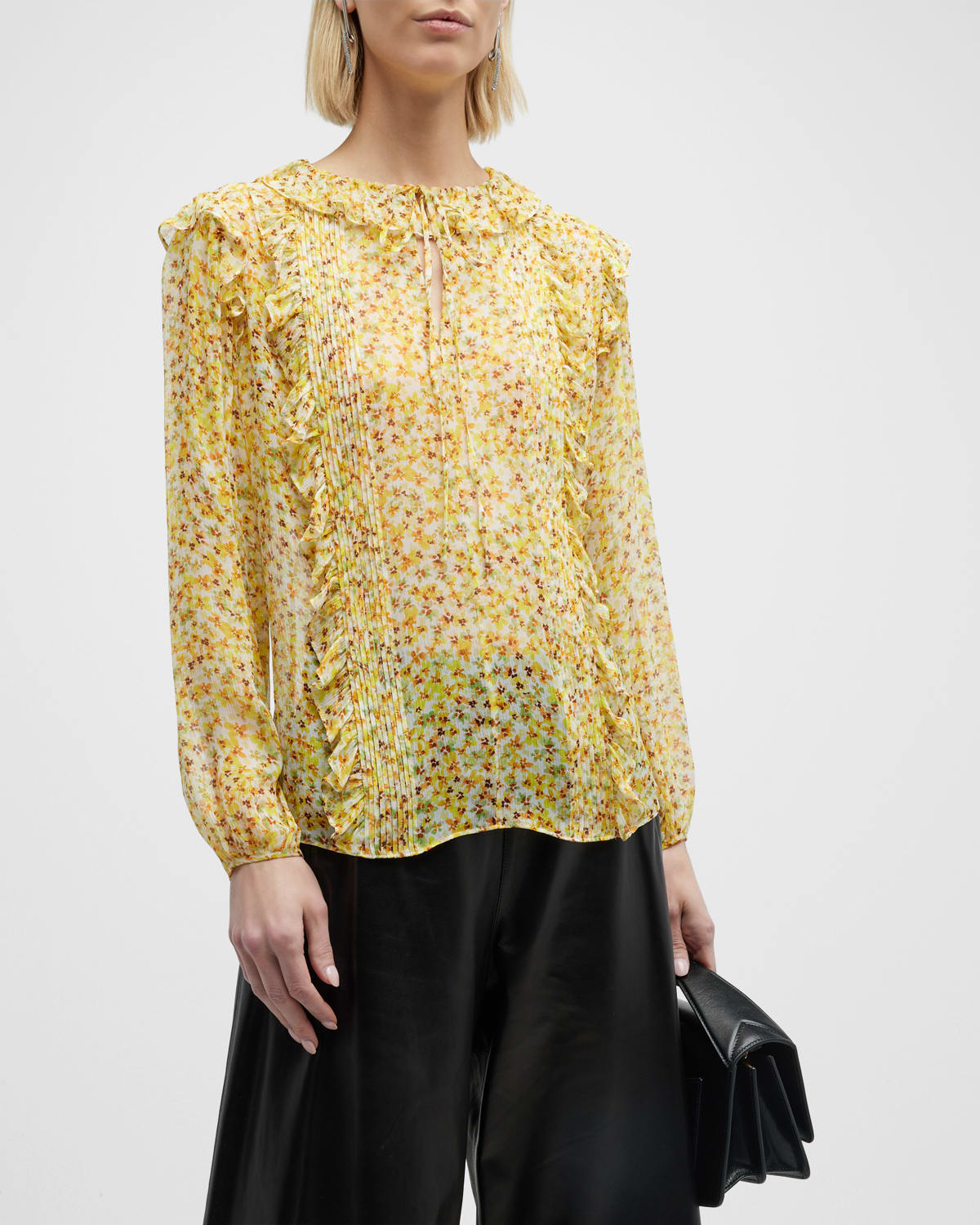 Joie Patricia Floral-Print Ruffle-Trim Silk Blouse | Neiman Marcus