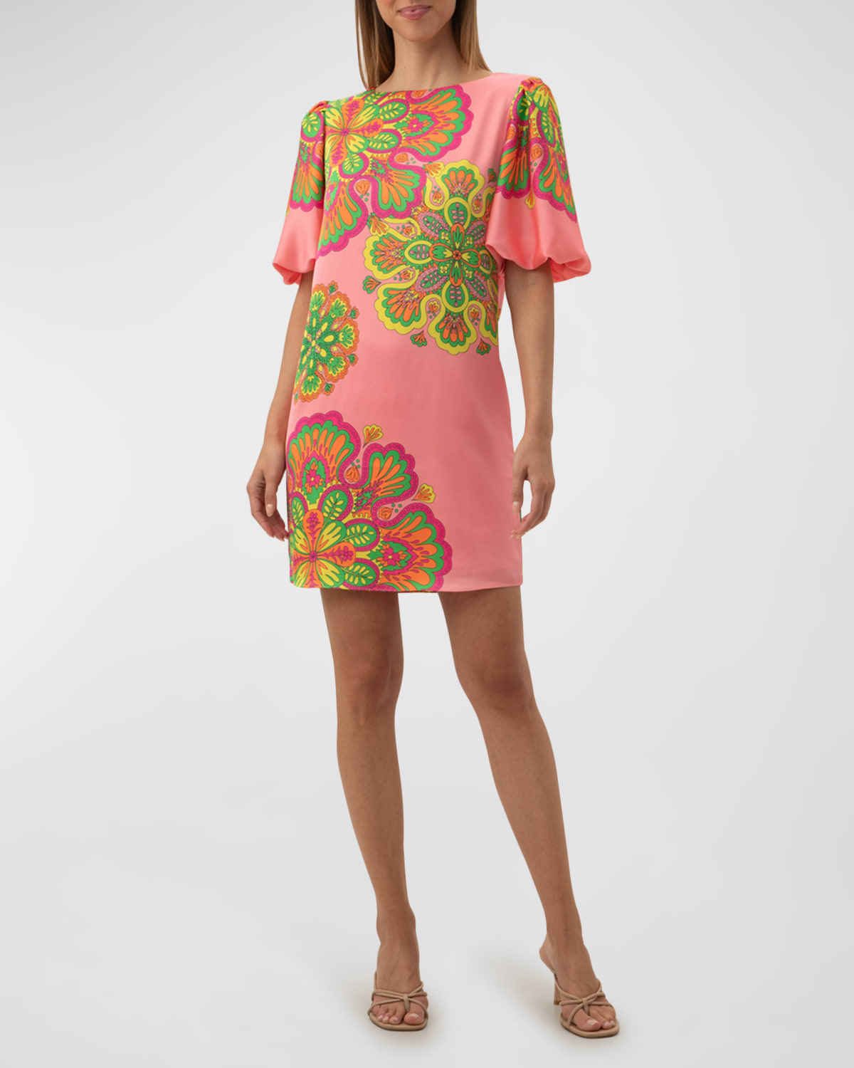 Trina Turk Art Floral-Print Blouson-Sleeve Chiffon Dress | Neiman Marcus