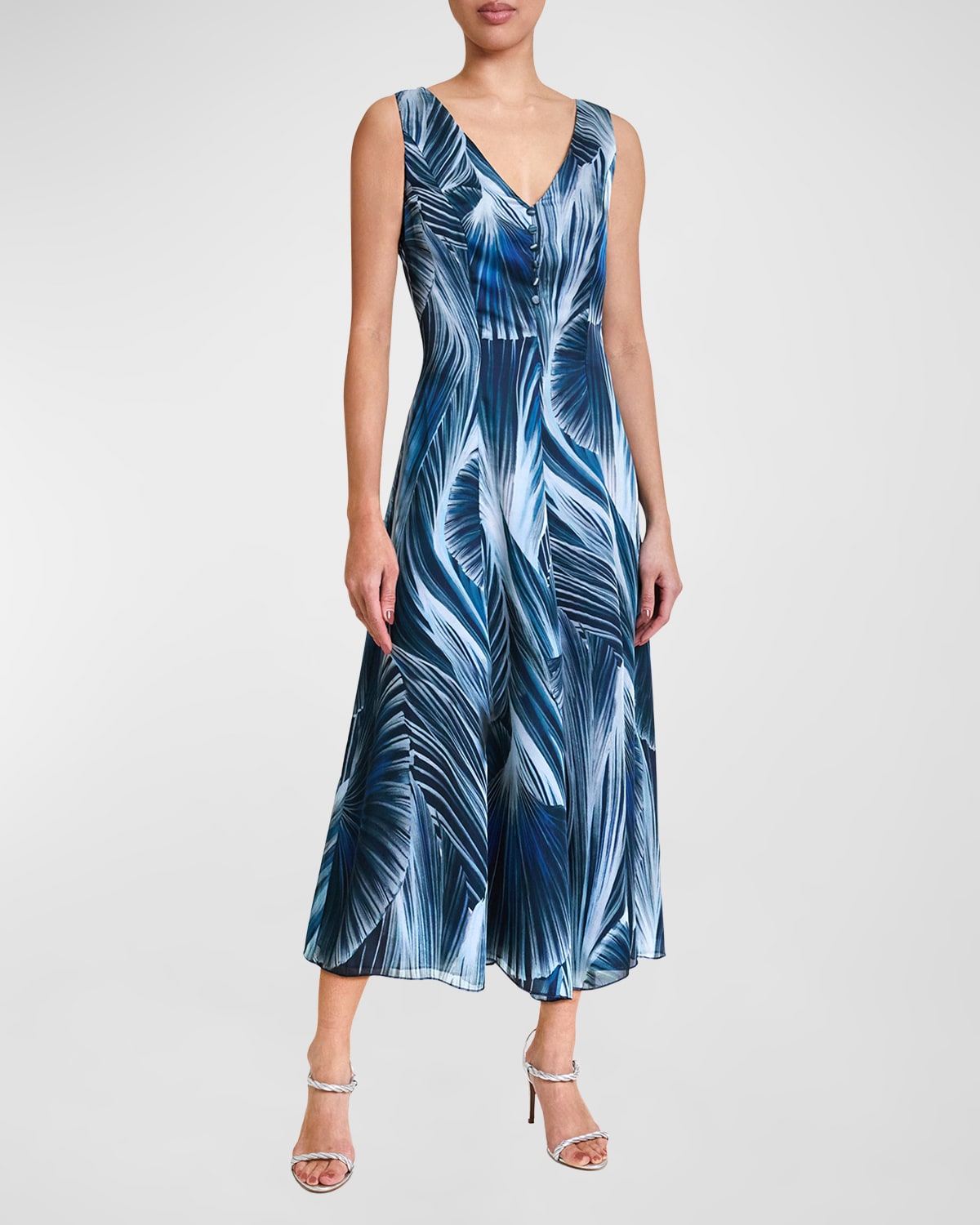 Santorelli Jenny Ruched Abstract-Print Midi Dress | Neiman Marcus