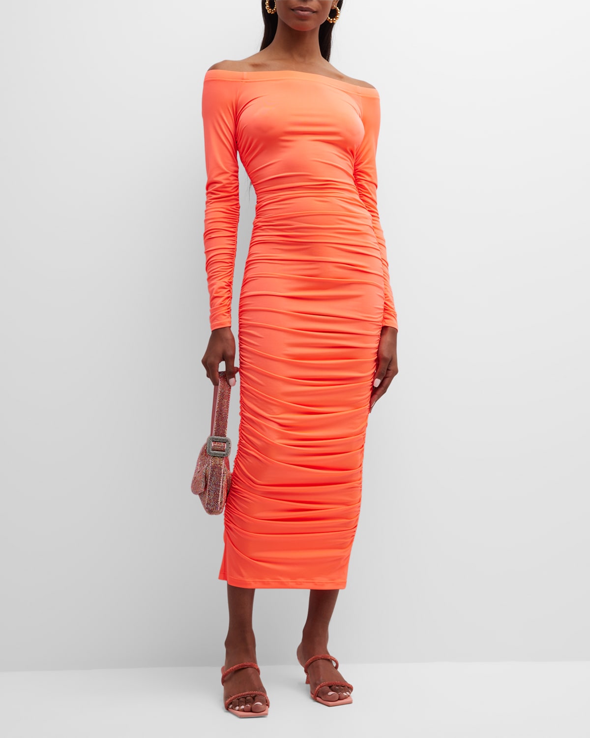 L'Agence Sequoia Ruched Off-Shoulder Midi Dress | Neiman Marcus