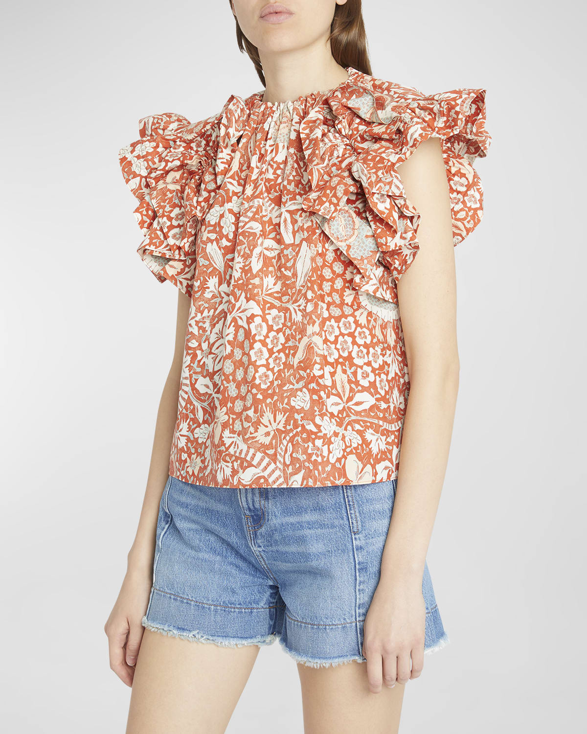 Ulla Johnson Elora Ruffle-Sleeve Cotton Poplin Top | Neiman Marcus