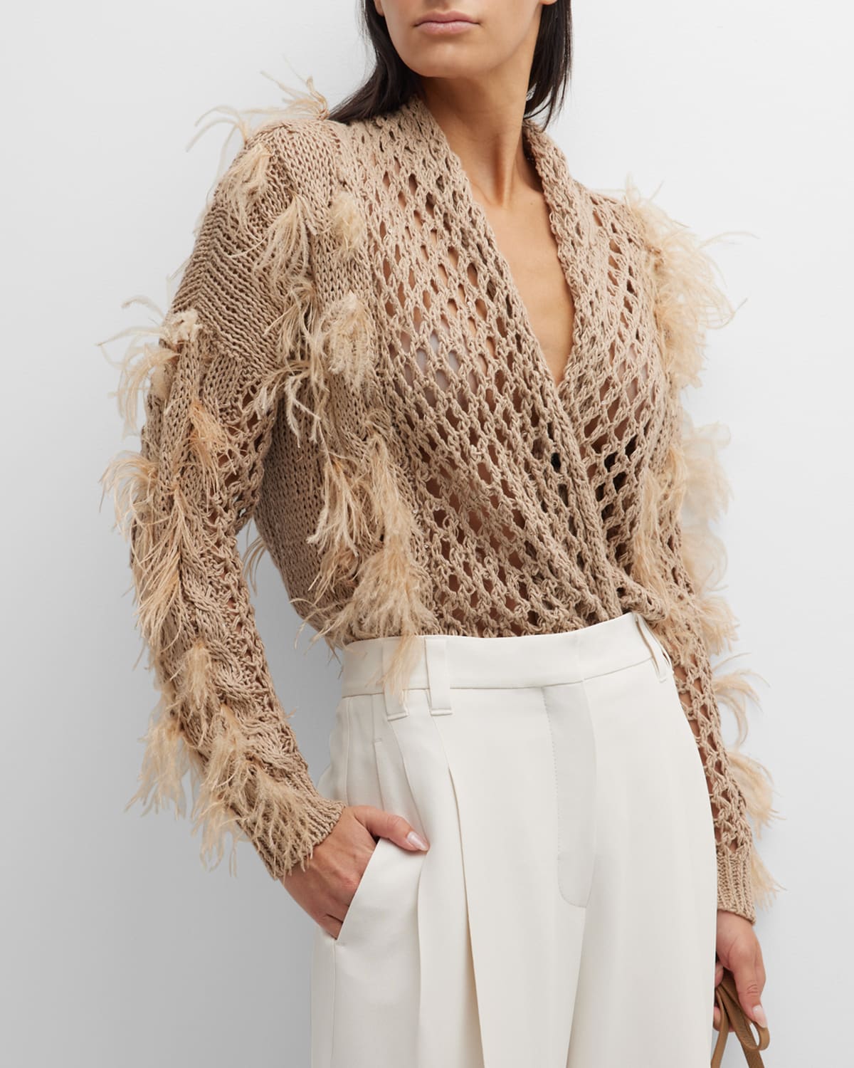 Brunello Cucinelli Feather-Trim Cap-Sleeve Jute Cotton Opera-Knit Zip ...