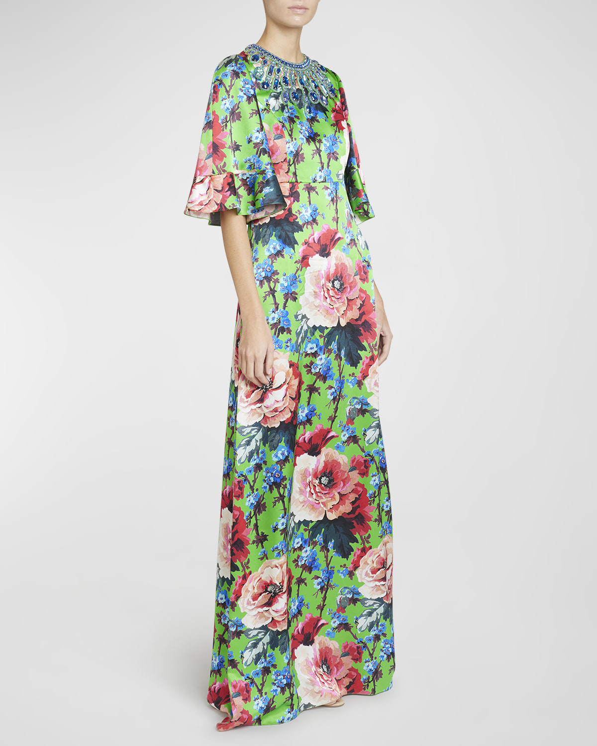 Andrew Gn Floral Print Plisse Belted Gown Neiman Marcus