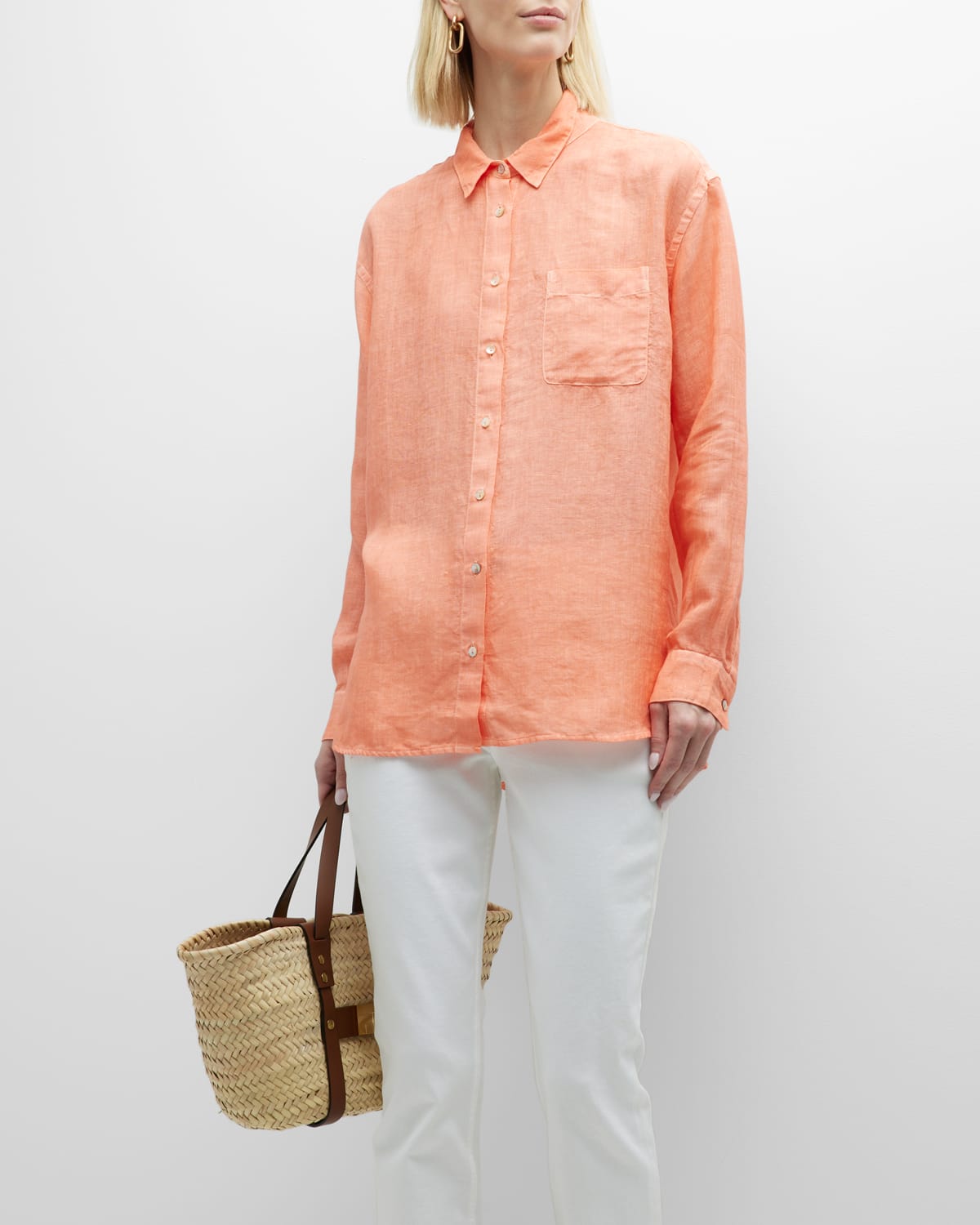 Eileen Fisher Side-Slit Button-Down Linen Shirt | Neiman Marcus