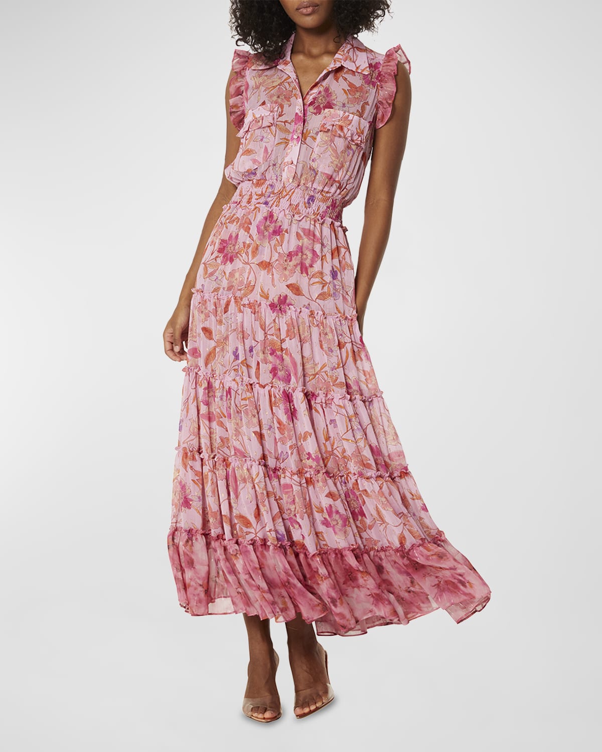 MISA Los Angeles Marjan Smocked Tiered Floral Chiffon Midi Dress ...