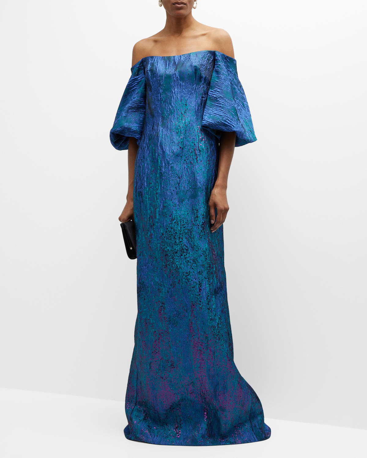 Rene Ruiz Collection Off-Shoulder Jacquard Gown | Neiman Marcus
