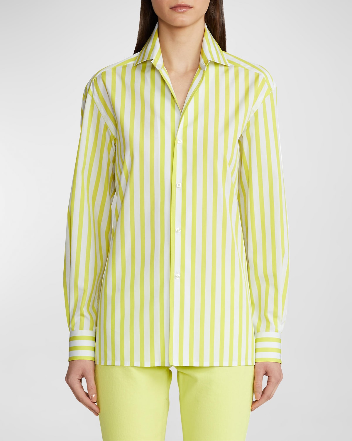 Ralph Lauren Collection Capri Striped Cotton Blouse, White | Neiman Marcus