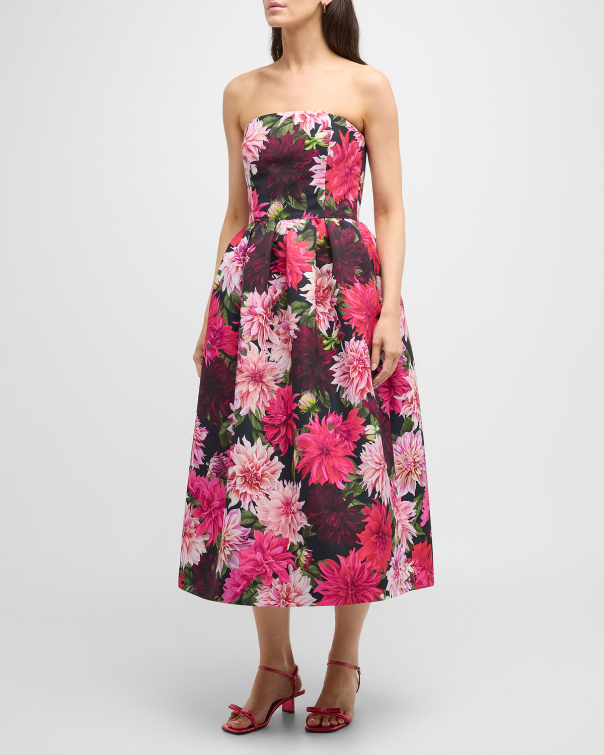 Oscar de la Renta Geranium-Print Faille Flared Short Dress | Neiman Marcus
