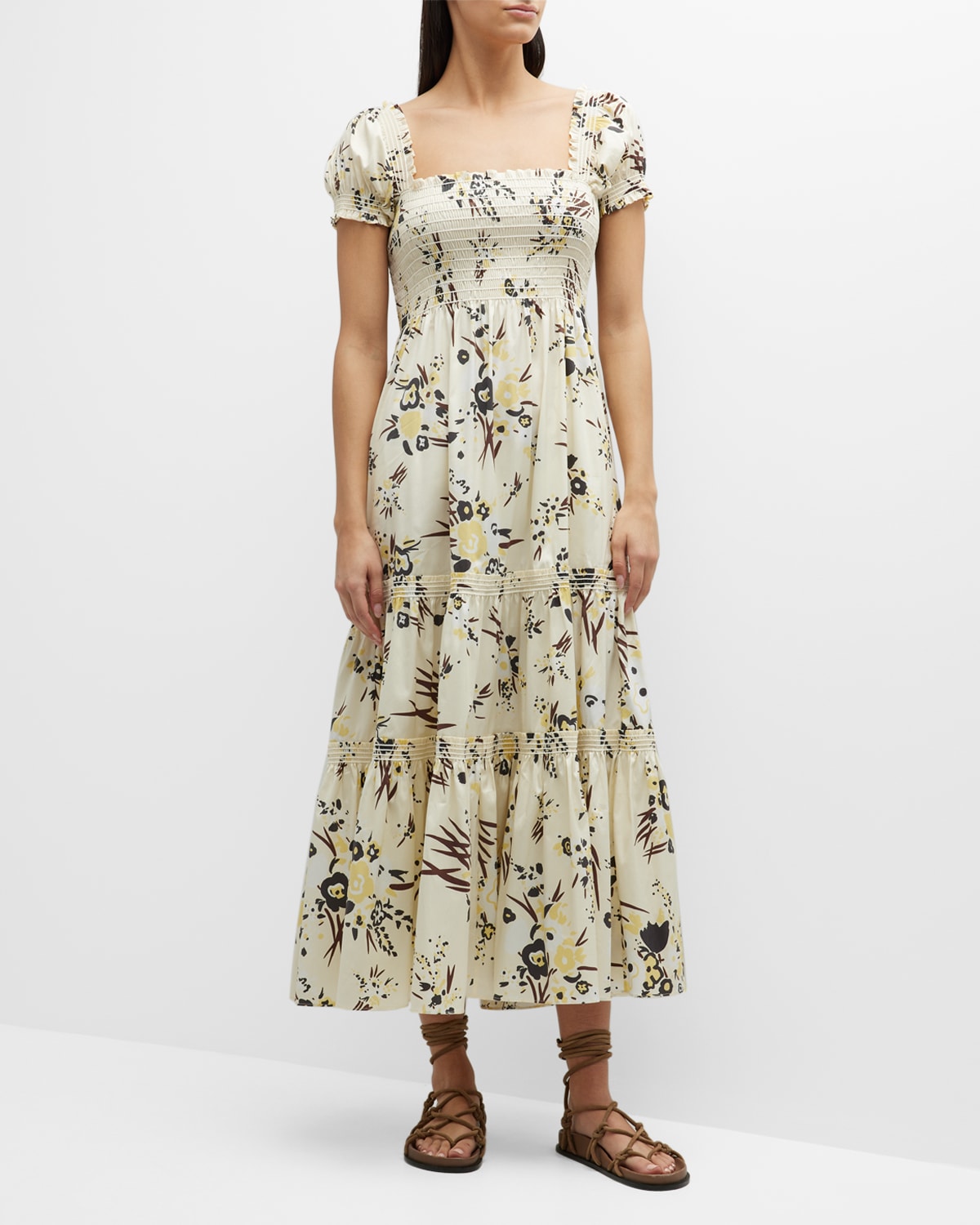 Tory Burch Printed Silk Smocked Midi Dress | Neiman Marcus