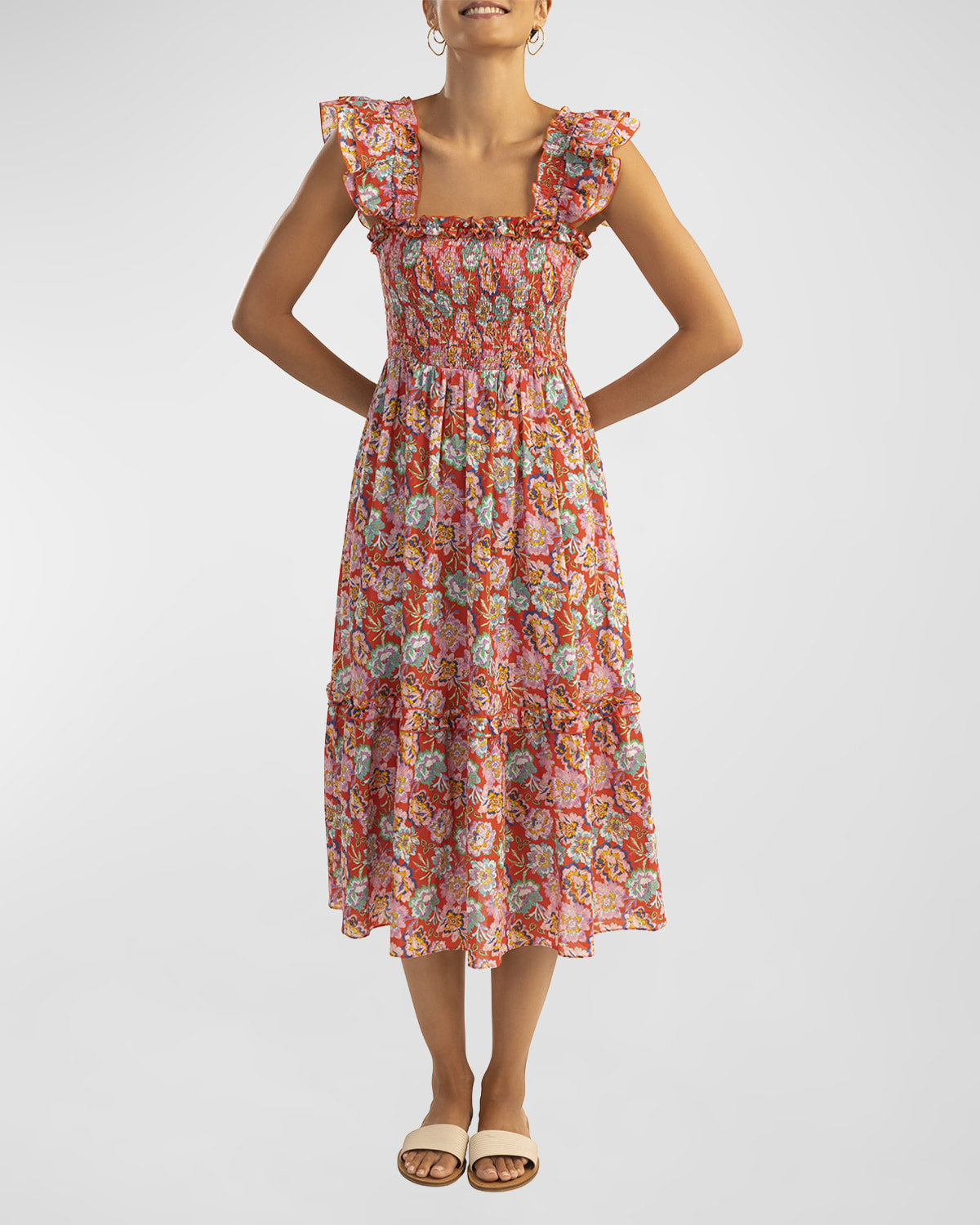Tory Burch Printed Smocked Midi Dress | Neiman Marcus