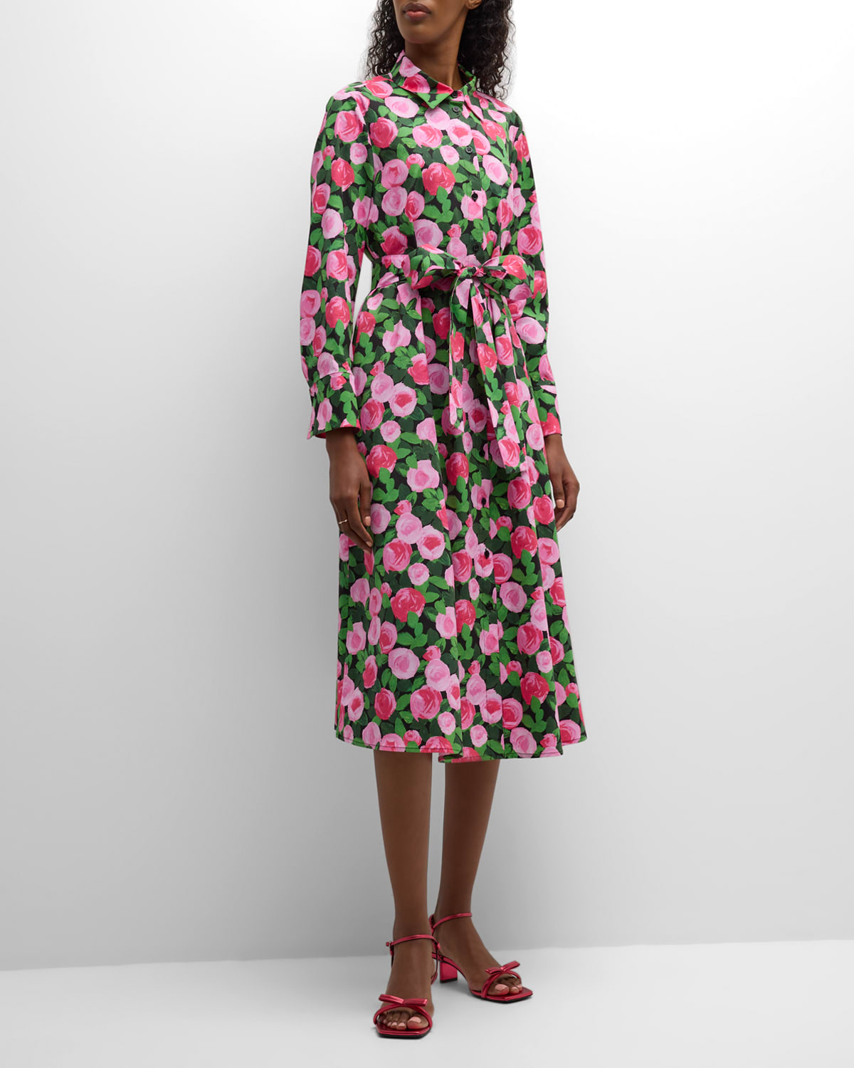 Carolina Herrera Floral Print Collared Midi Dress with Tie Belt ...