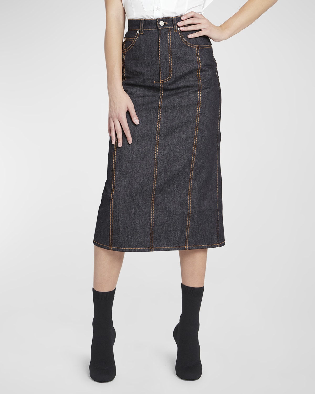 Alexander McQueen Denim Midi Skirt with Asymmetric High Slit | Neiman Marcus