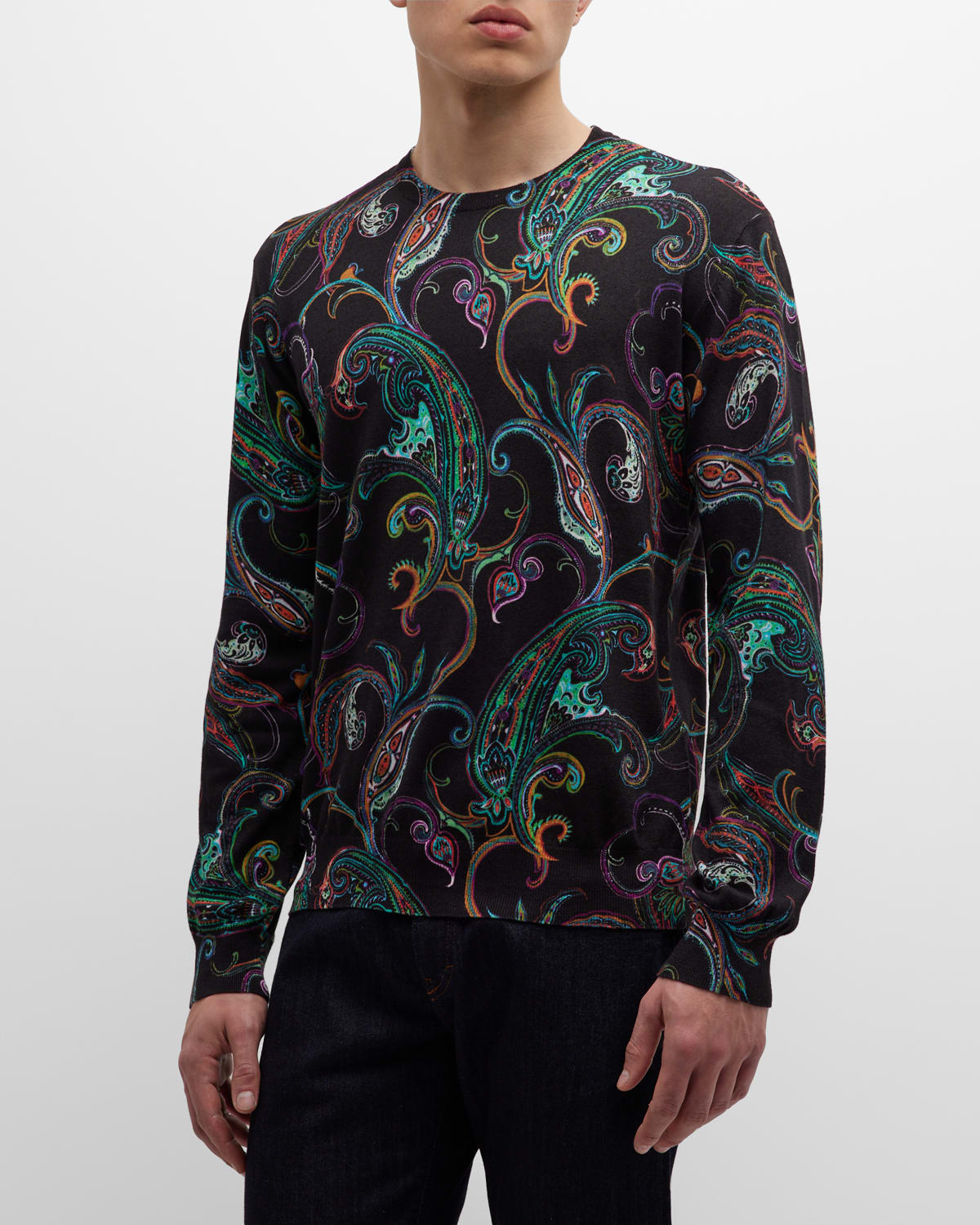 Isaia Men's Linen-Silk Jacquard Crewneck Sweater | Neiman Marcus