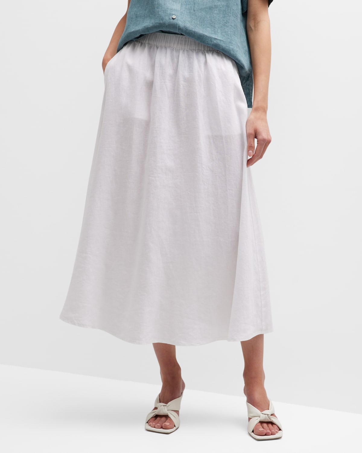 Eileen Fisher Square-Neck A-Line Organic Linen Midi Dress | Neiman Marcus