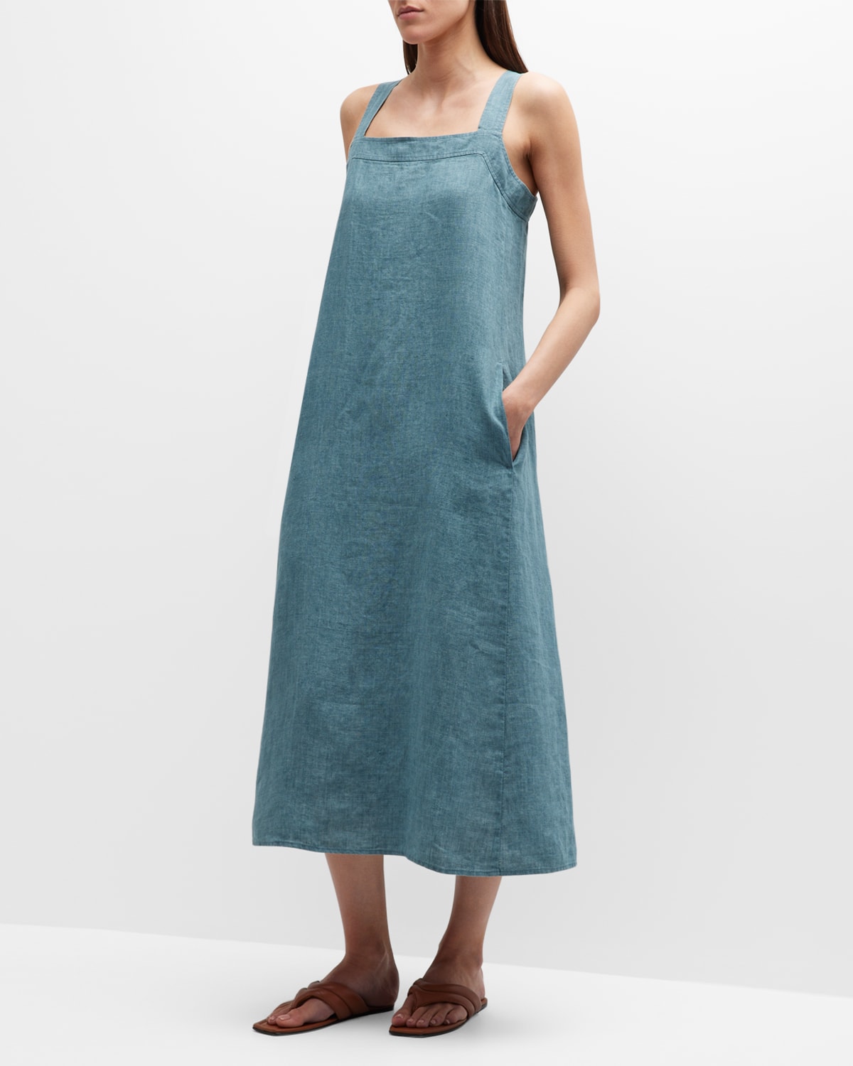 Eileen Fisher Square-Neck A-Line Organic Linen Midi Dress | Neiman Marcus