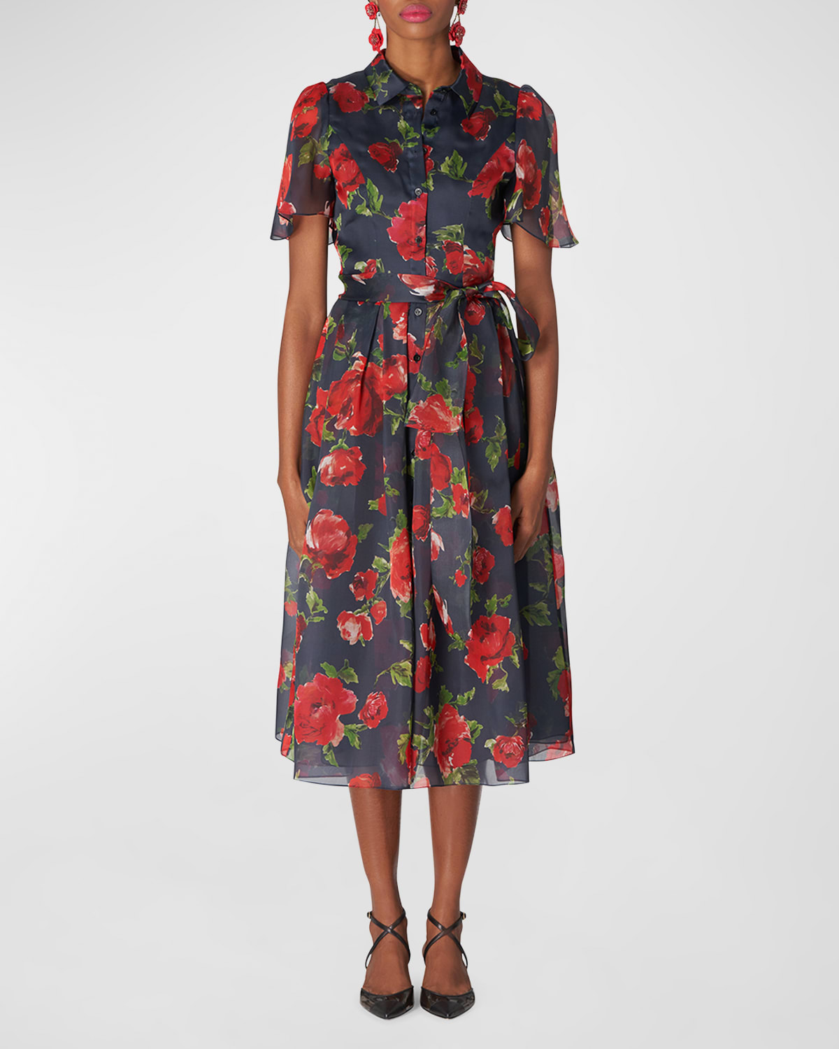 Carolina Herrera Floral Print Collared Midi Dress w/ Tie Belt | Neiman ...