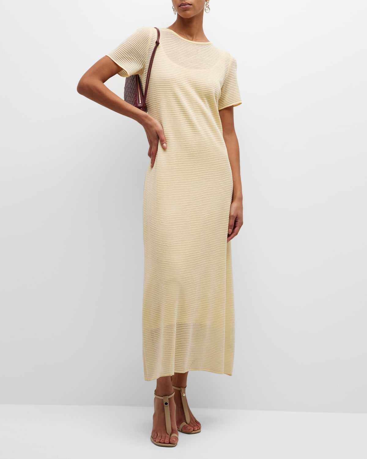 Misook Ribbed Short-Sleeve A-Line Maxi Dress | Neiman Marcus