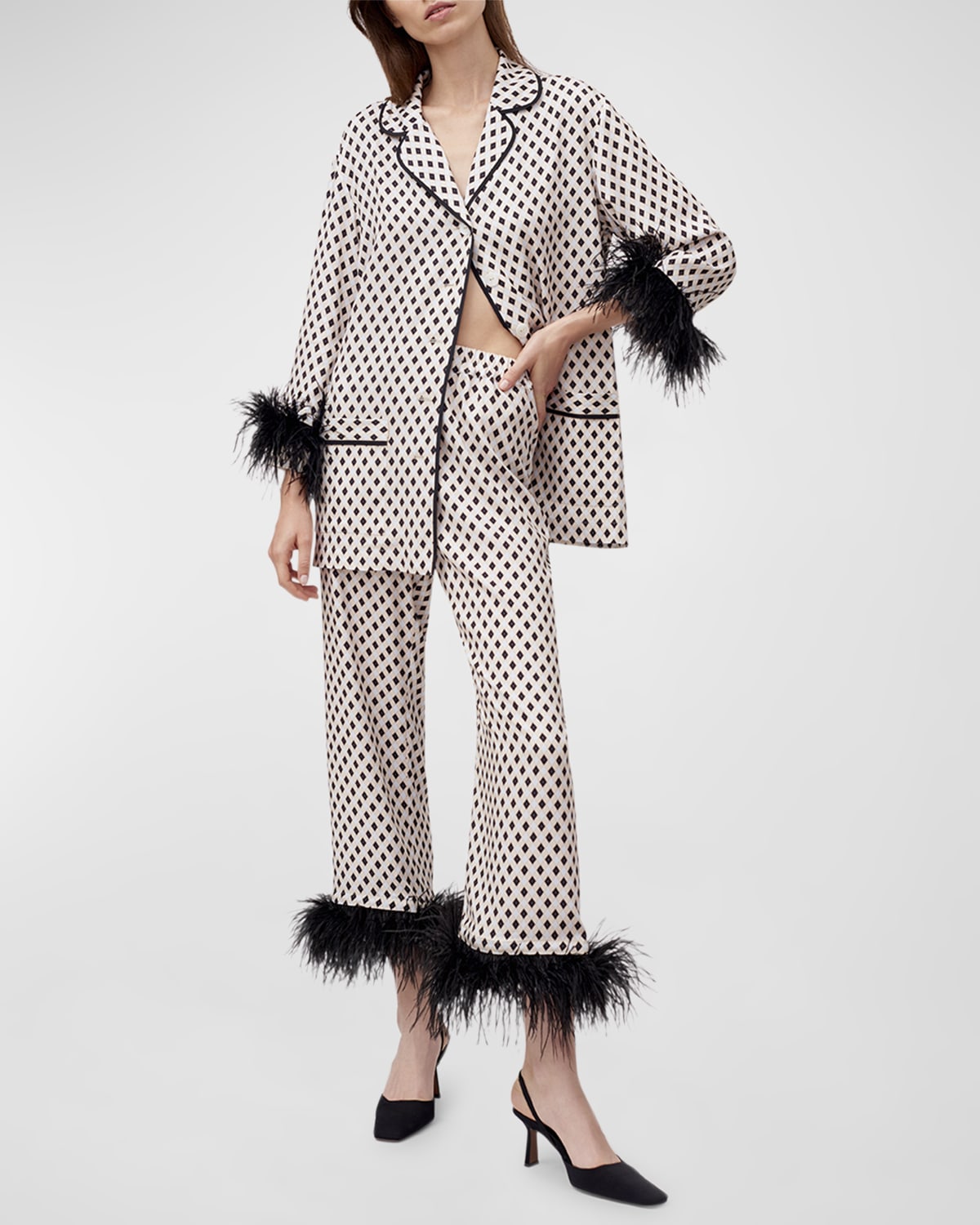 Sleeper Check-Print Feather-Trim Party Pajama Set | Neiman Marcus