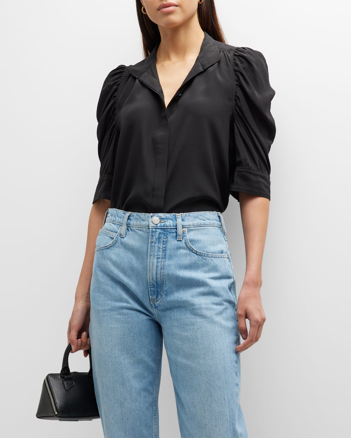 FRAME Gillian Silk Ruched Sleeve Top | Neiman Marcus