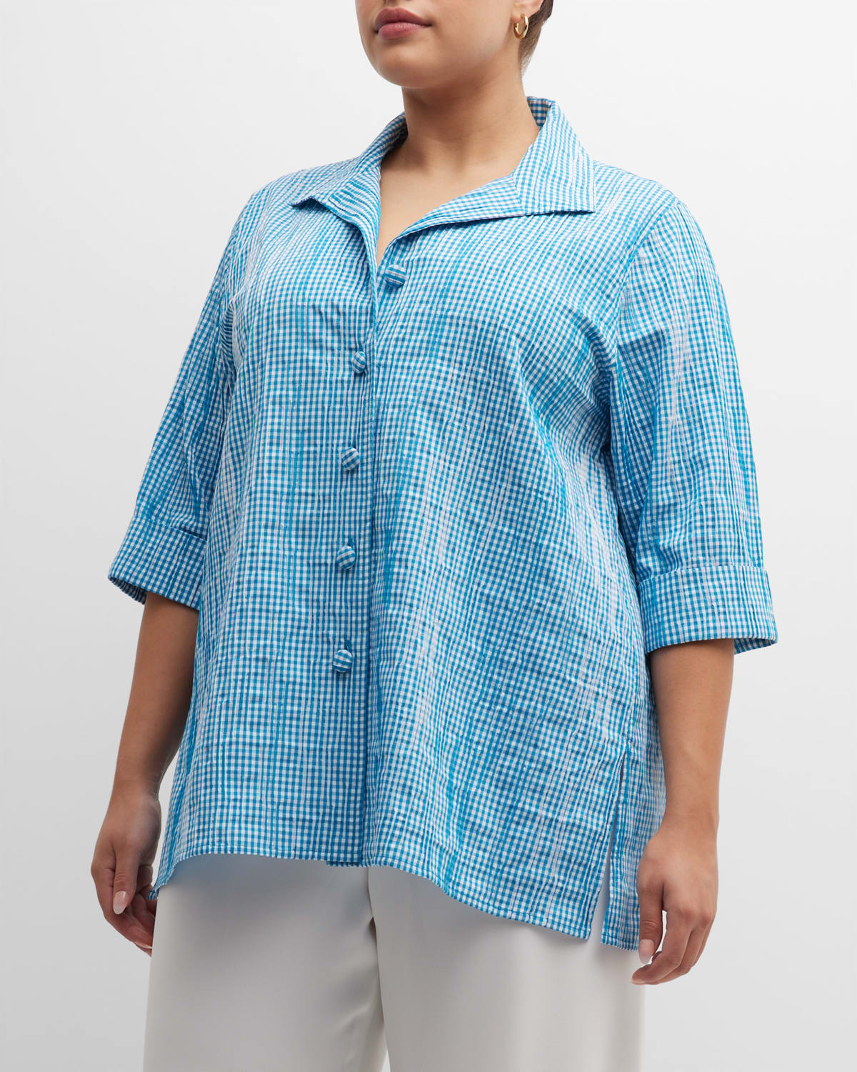 Caroline Rose Crinkled Gingham Button-Down Shirt | Neiman Marcus