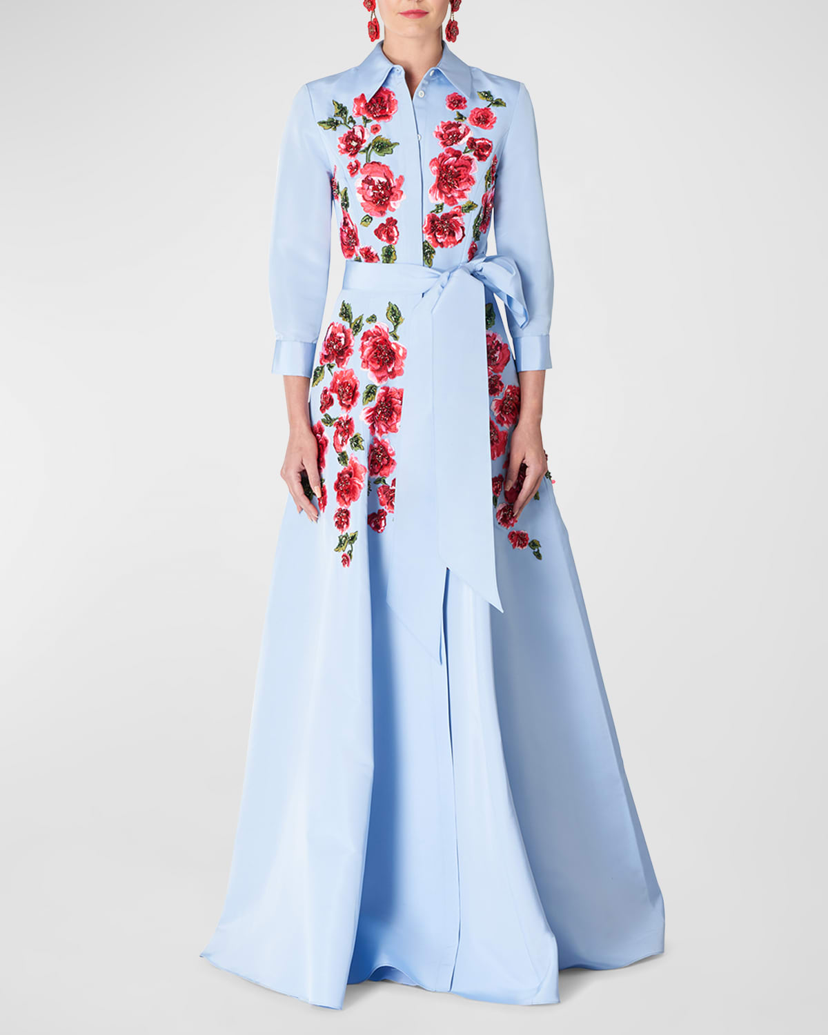 Naeem Khan Floral-Print Belted Trench Gown | Neiman Marcus