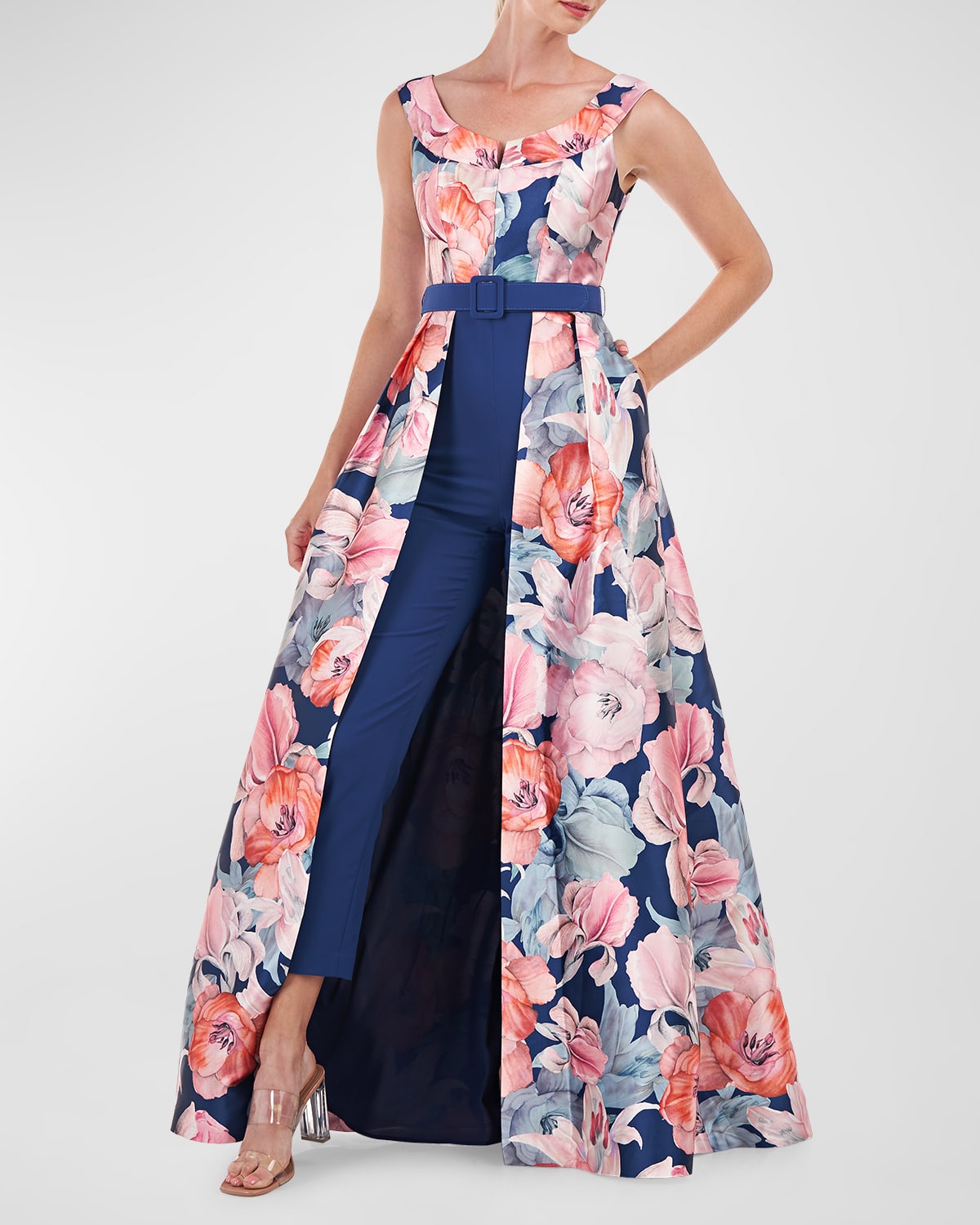 Kay Unger New York Pleated Floral-Print Walk-Thru Jumpsuit | Neiman Marcus