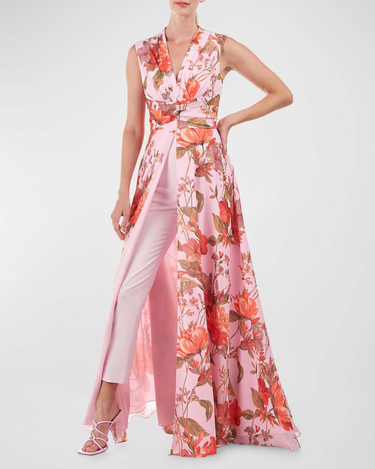 Kay Unger New York Pleated Floral-Print Walk-Thru Jumpsuit | Neiman Marcus