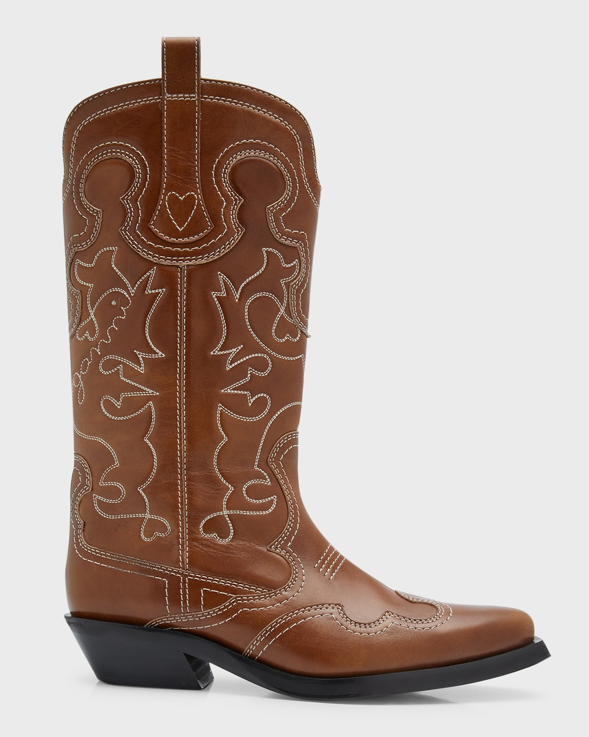 Ganni Embroidered Leather Mid Western Boots | Neiman Marcus