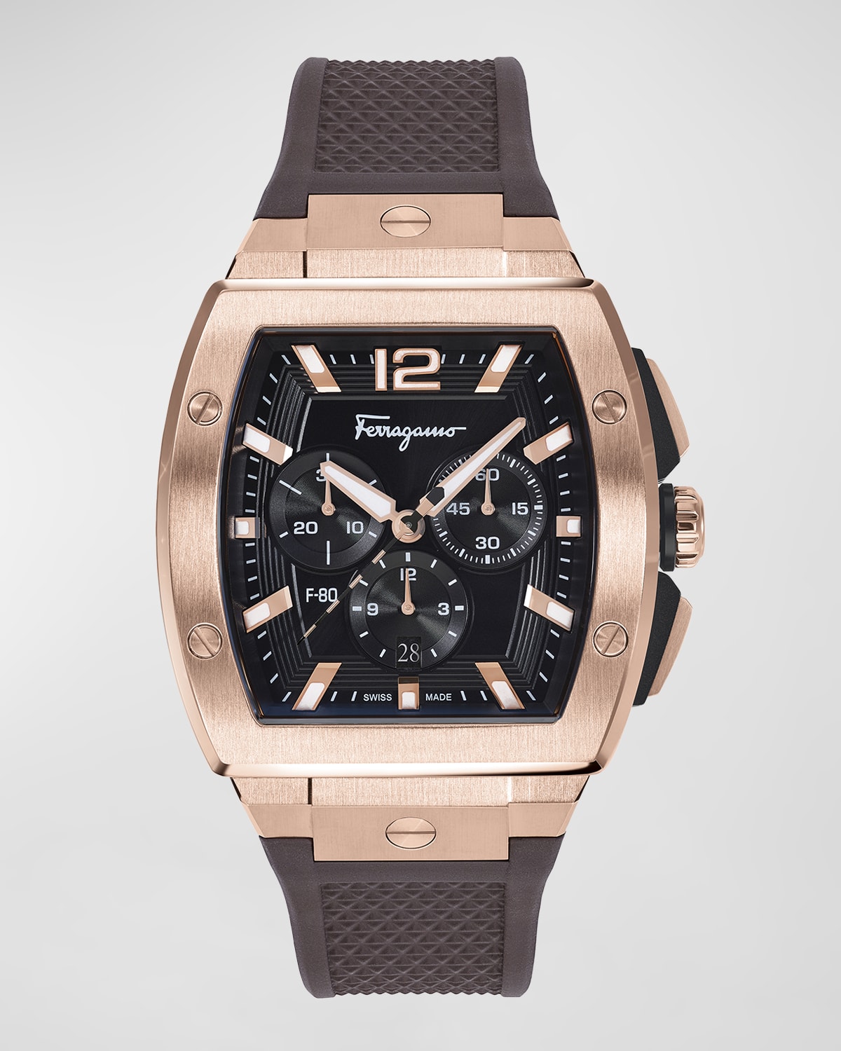 Ferragamo Men's F-80 Tonneau IP Yellow Gold Silicone Strap Chronograph ...