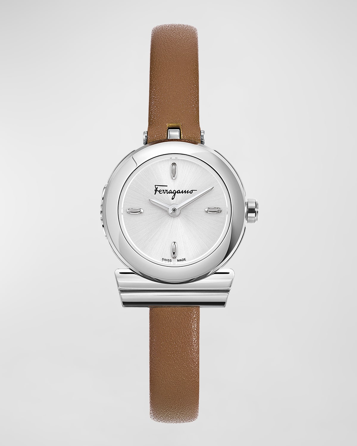 Ferragamo 22.5mm Gancino Watch with Leather Strap, Silver/Black ...