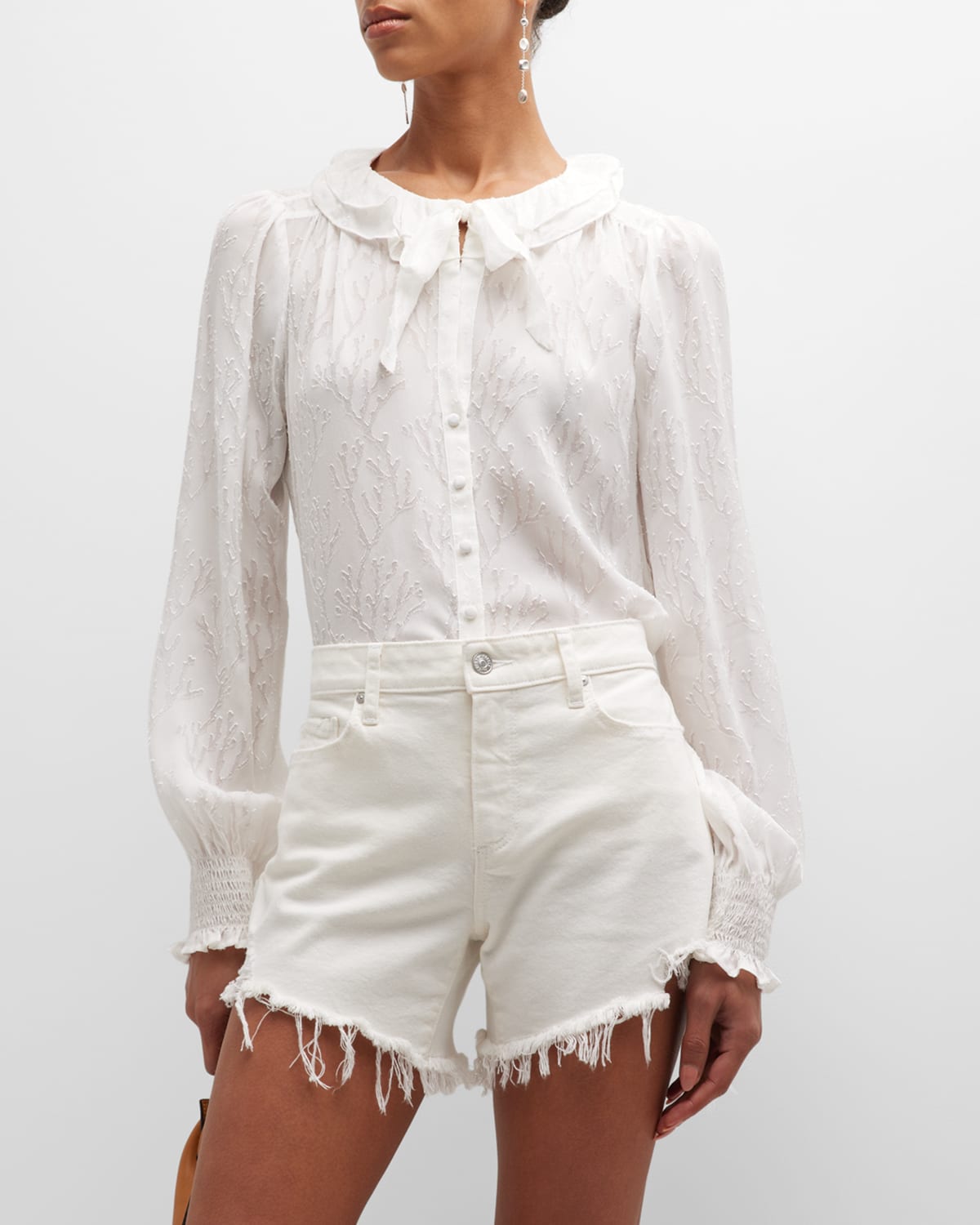 PAIGE Elynne Button-Front Ruffle Tie Blouse | Neiman Marcus