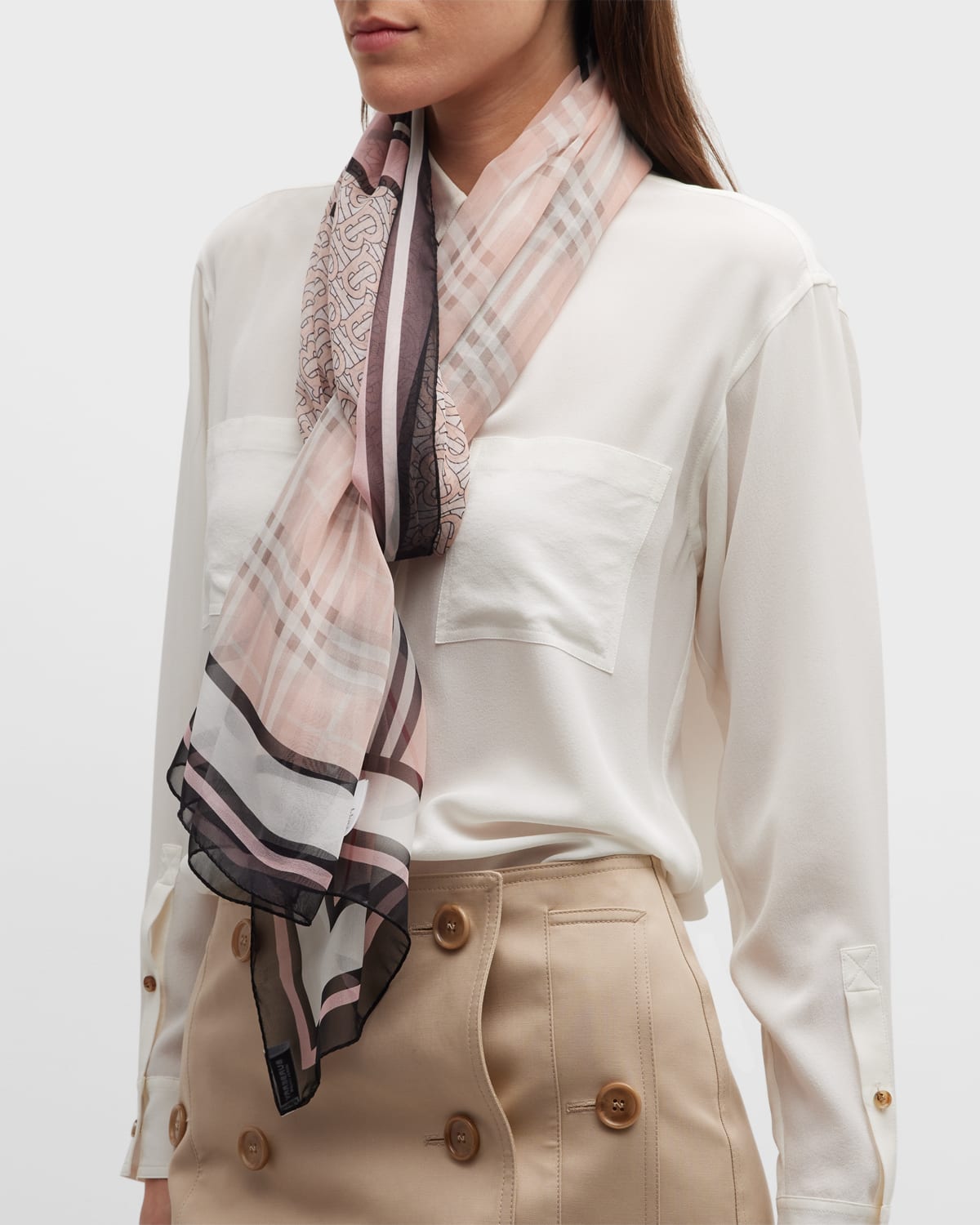 Burberry TB Monogram Striped Silk Skinny Scarf | Neiman Marcus