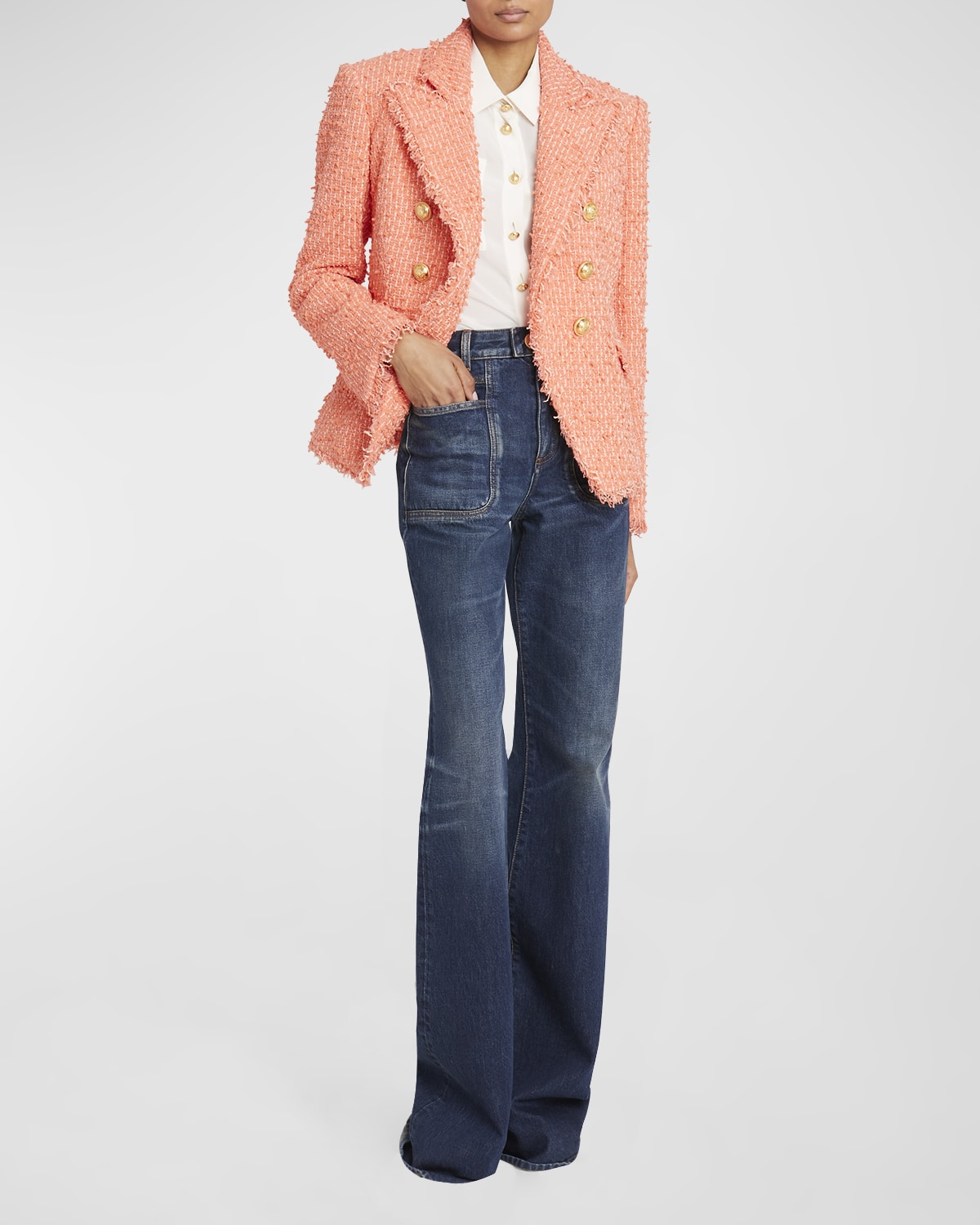 Balmain 6-Button Denim Double-Breasted Blazer Jacket | Neiman Marcus