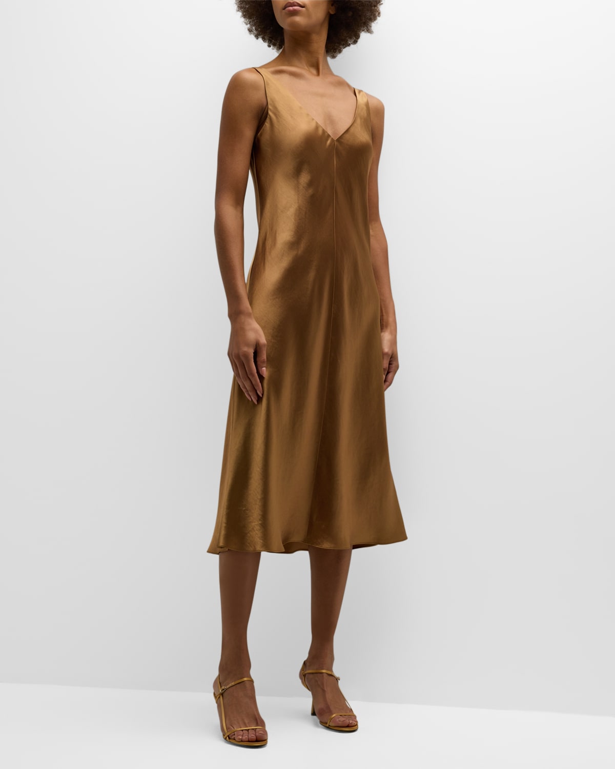 Vince Pleated Double V-Neck Sleeveless Midi Dress | Neiman Marcus