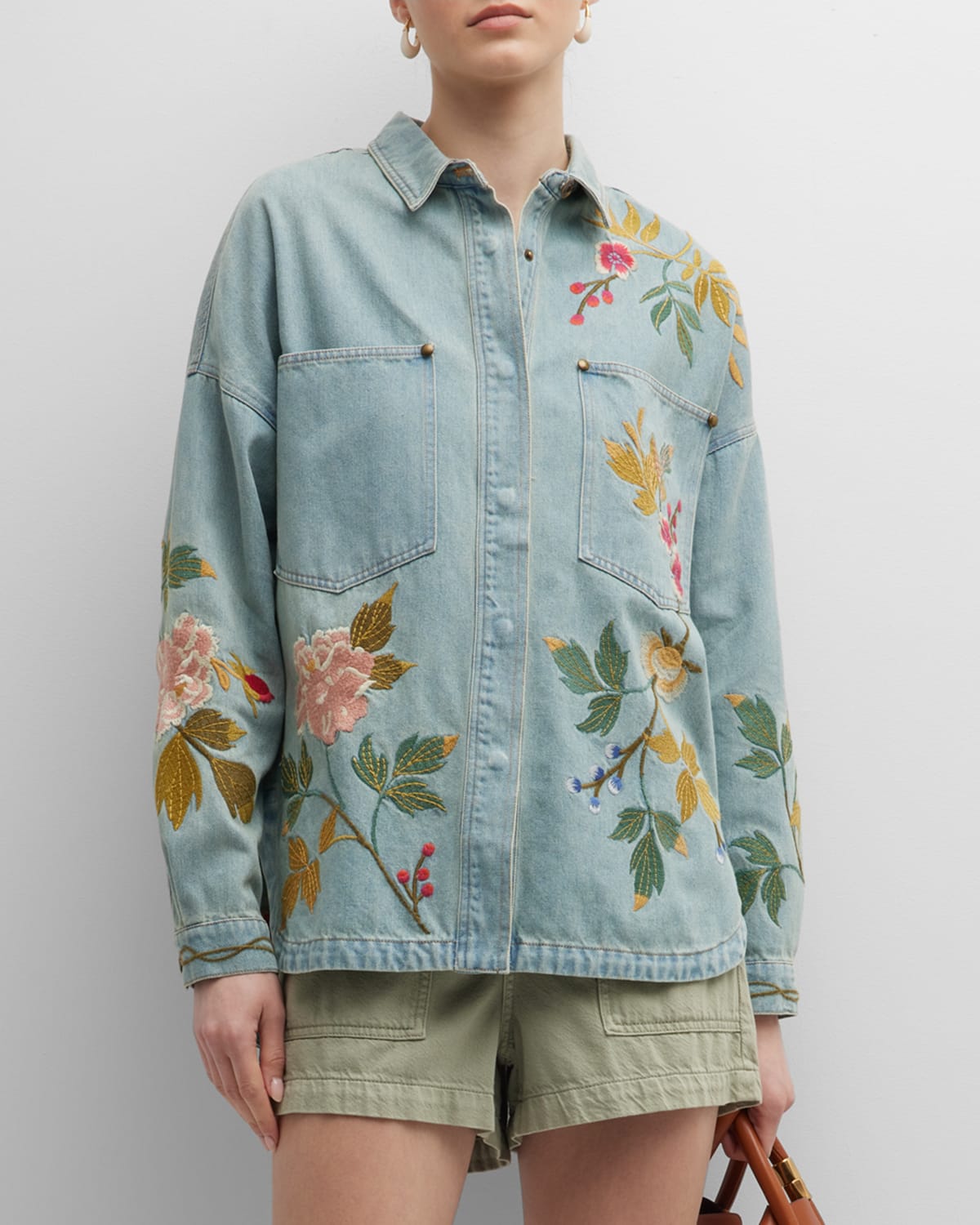 Johnny Was Plus Size Adele Embroidered Denim Overshirt | Neiman Marcus