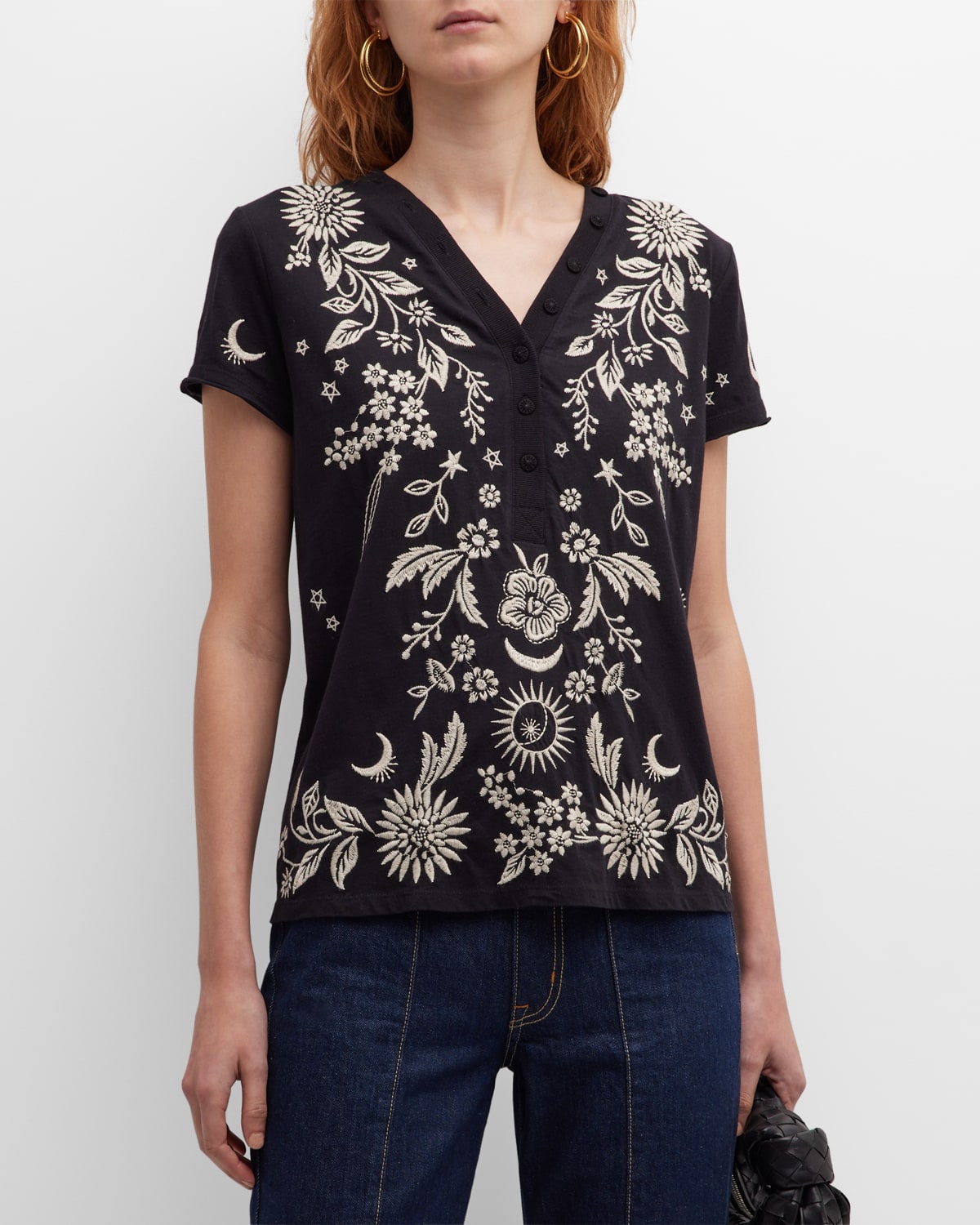 Johnny Was Plus Size Oleander Embroidered Cotton Tee | Neiman Marcus