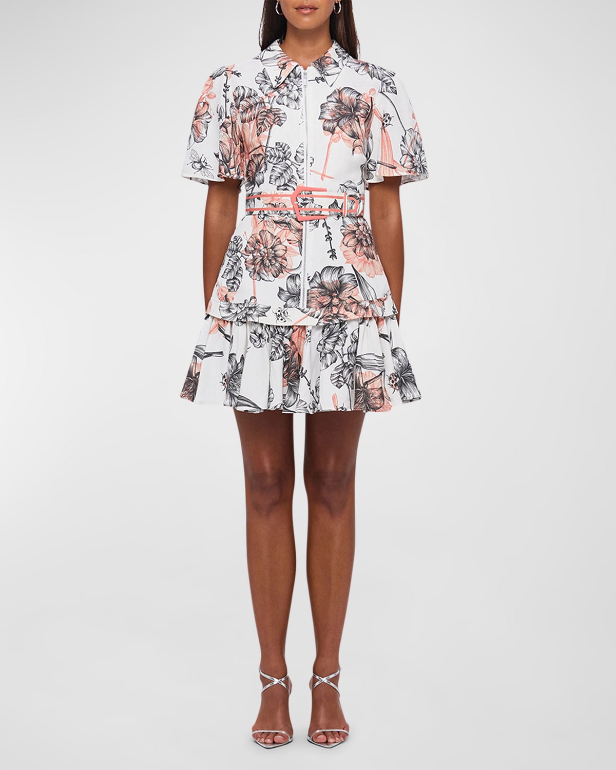 LEO LIN Luminous Floral-Print Linen-Silk Mini Dress | Neiman Marcus