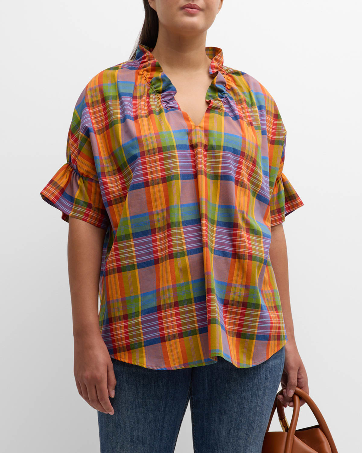 Finley Plus Size Crosby Ruffle-Trim Satin Top | Neiman Marcus