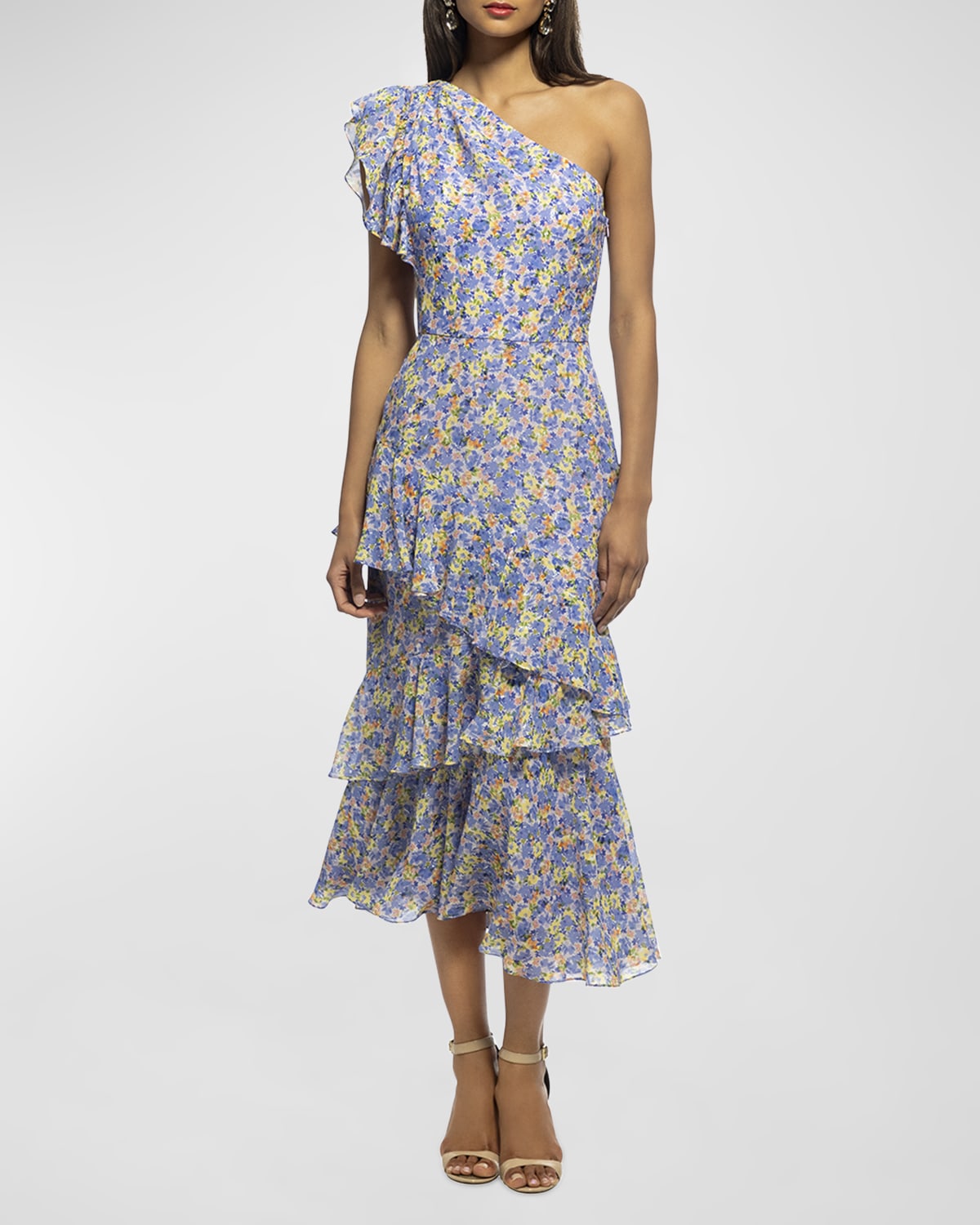 Shoshanna One-Shoulder Bow-Front Floral-Print Midi Dress | Neiman Marcus