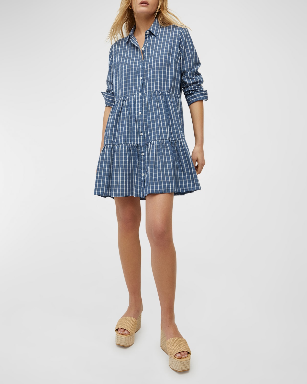 Veronica Beard Zee Check Ruffle-Sleeve Tiered Mini Dress | Neiman Marcus