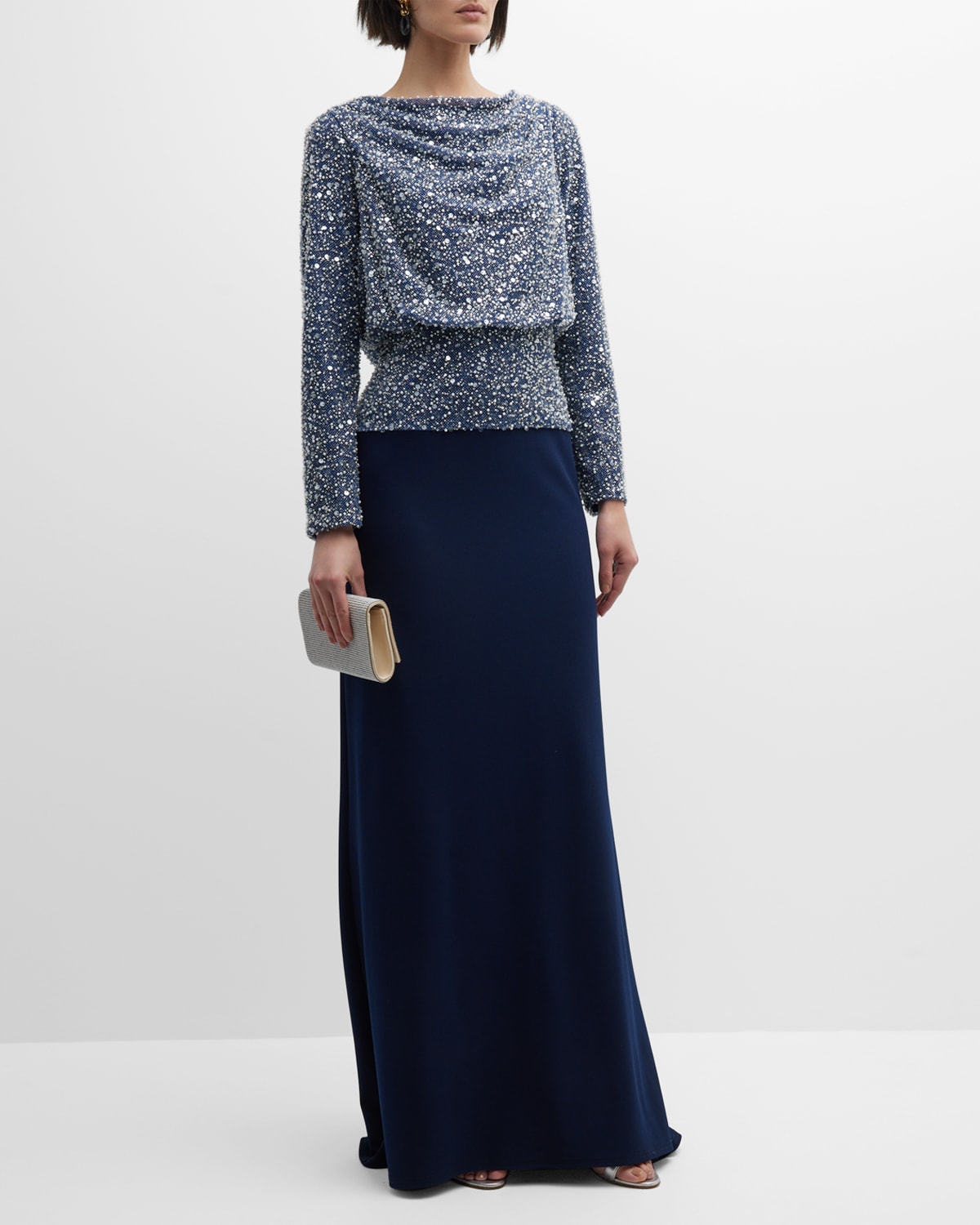 Tadashi Shoji Pleated Deep V-Neck Crepe Gown | Neiman Marcus