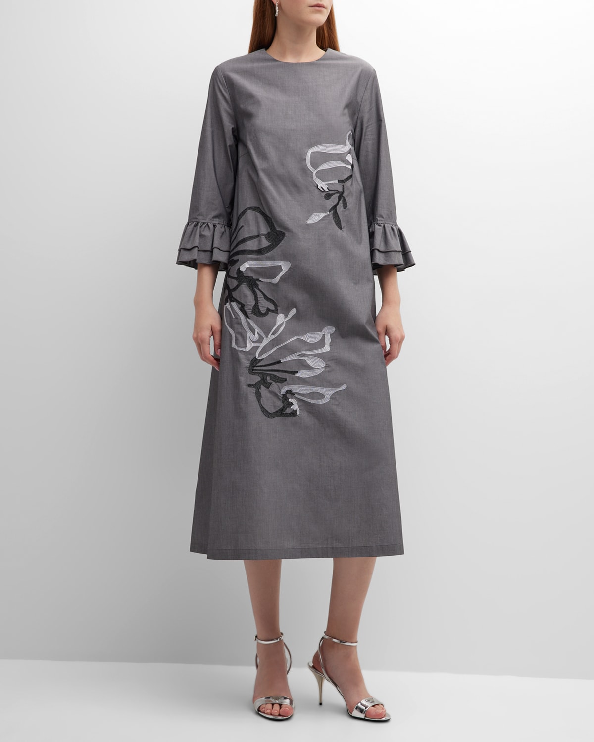 Misook Floral Embroidered Cotton Poplin Midi Dress | Neiman Marcus