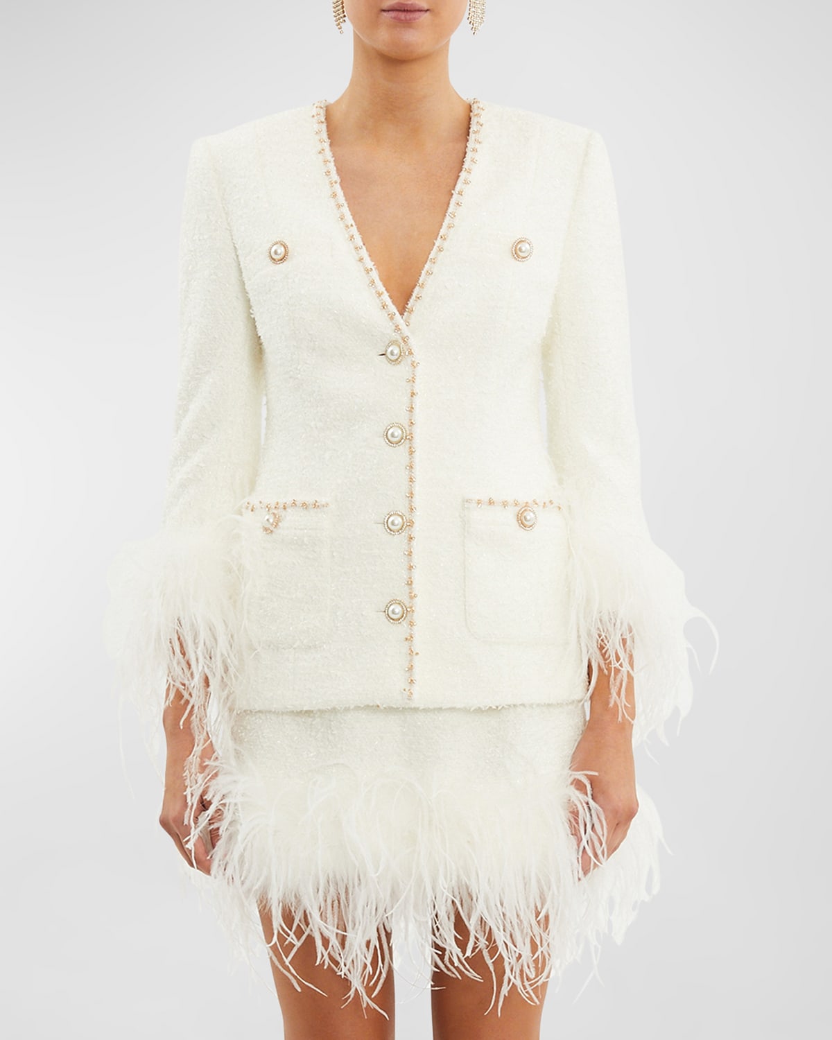 AREA Feather-Trim Frayed Denim Crop Blazer | Neiman Marcus