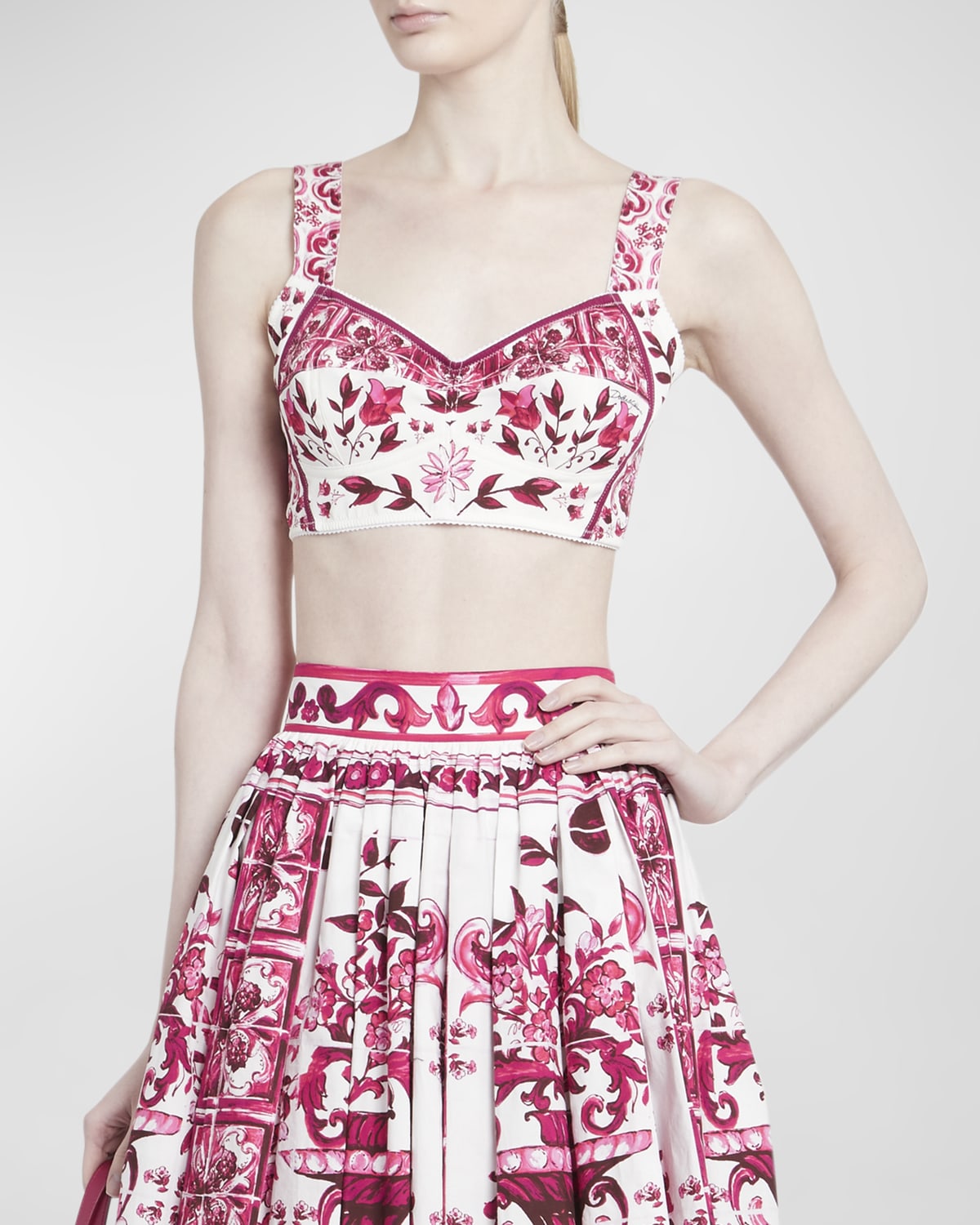 Dolce&Gabbana Majolica-Print Crop Marquisette Bustier Top | Neiman Marcus