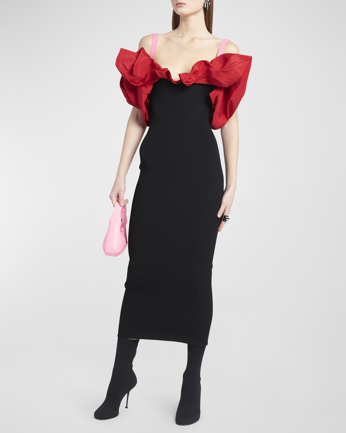 Alexander McQueen Velvet and Mesh Midi Dress with Ruffle Detail ...