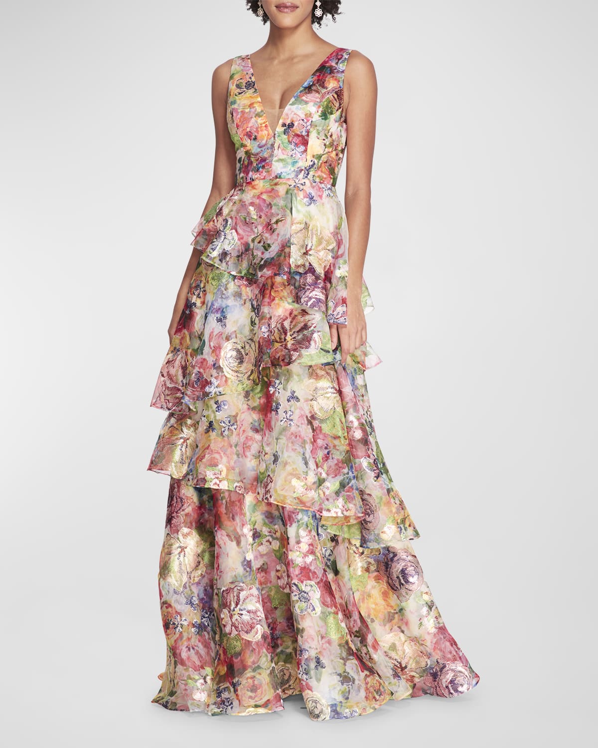 One33 Social Floral-Print Deep V-Neck Organza Gown | Neiman Marcus