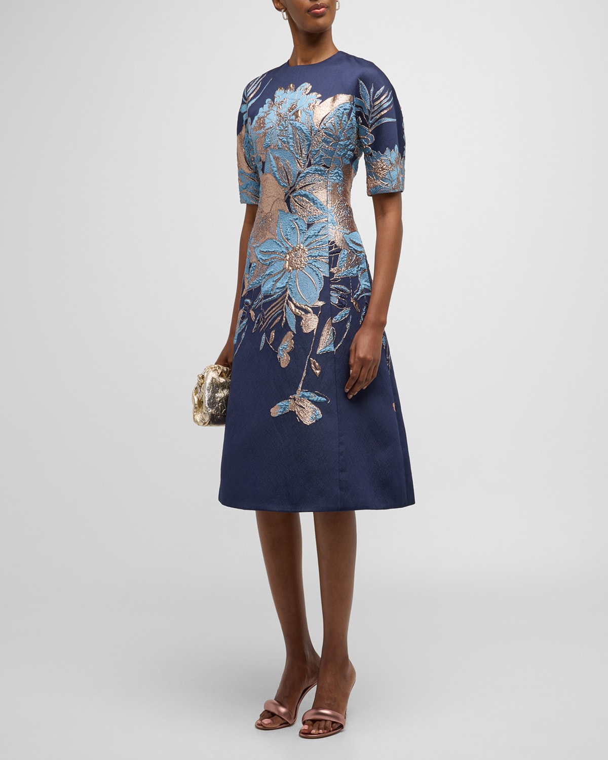 Rickie Freeman for Teri Jon Pleated Metallic Jacquard Midi Dress ...