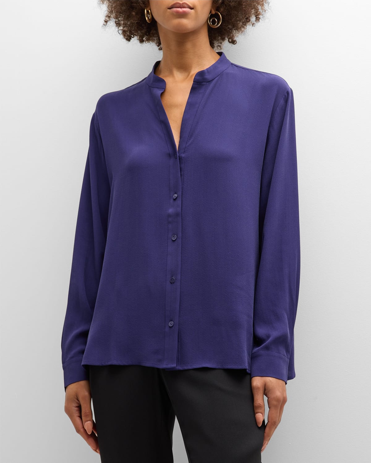Eileen Fisher Petite Silk Georgette Crepe Mandarin-Collar Shirt ...